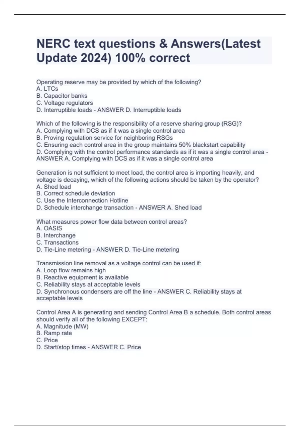 NERC text questions & Answers(Latest Update 2024) 100% correct - NERC ...