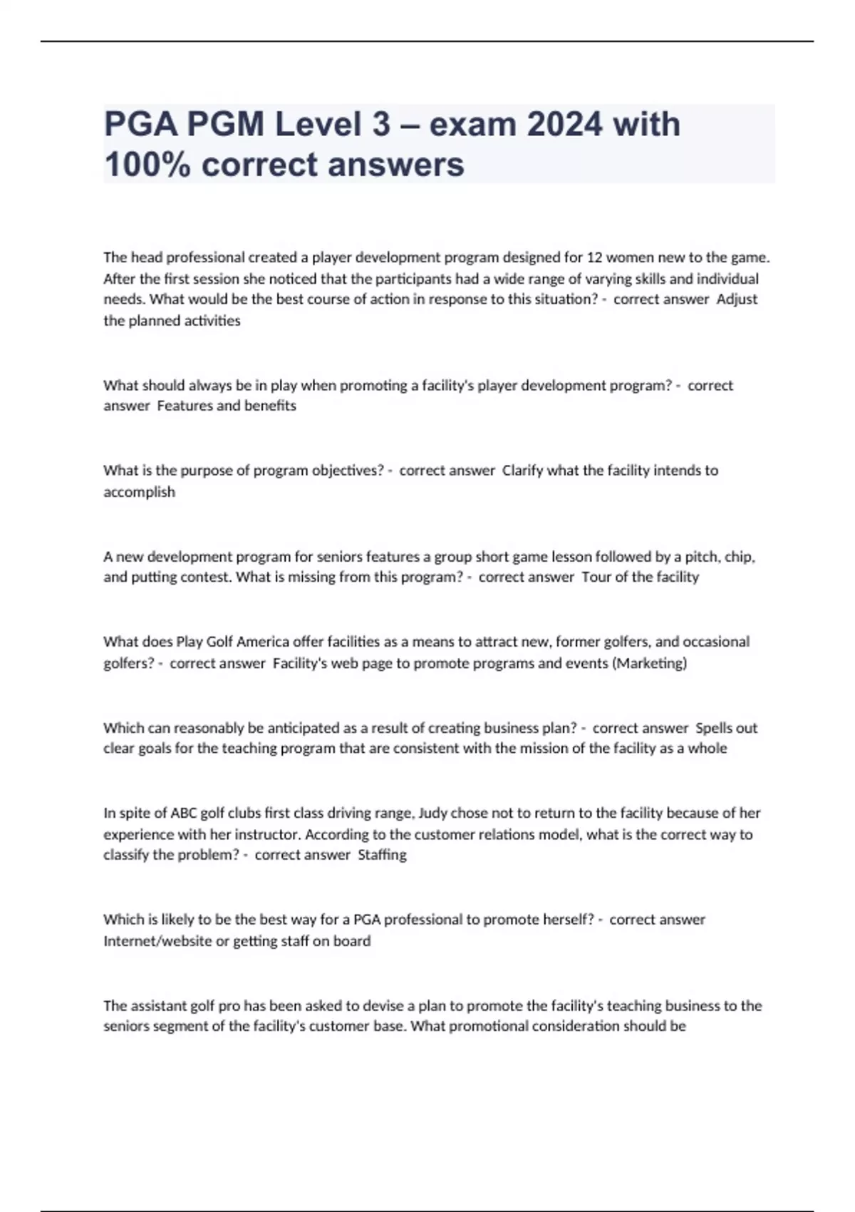 PGA PGM Level 3 – exam 2024 with 100% correct answers - PGA PGM - Stuvia US