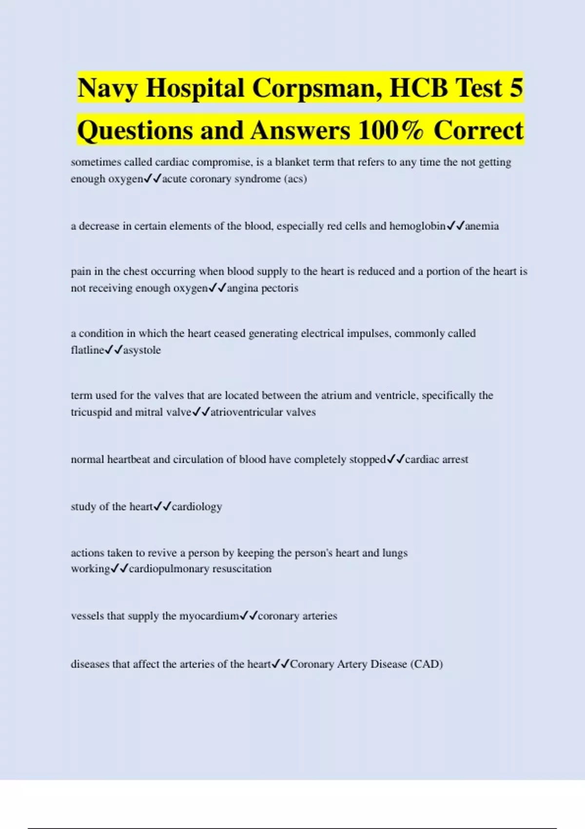 Navy Hospital Corpsman, HCB Test 5 Questions and Answers 100% Correct ...