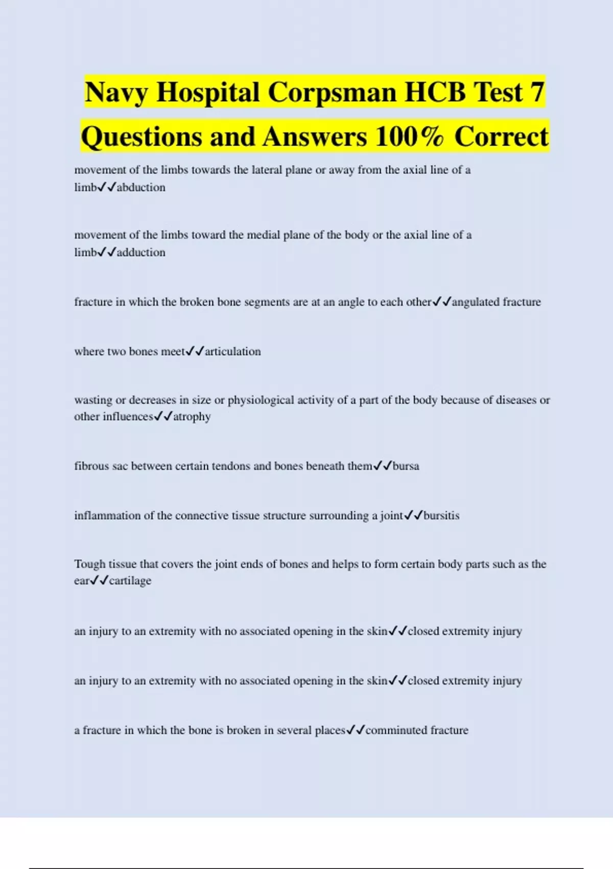 Navy Hospital Corpsman HCB Test 7 Questions and Answers 100% Correct ...