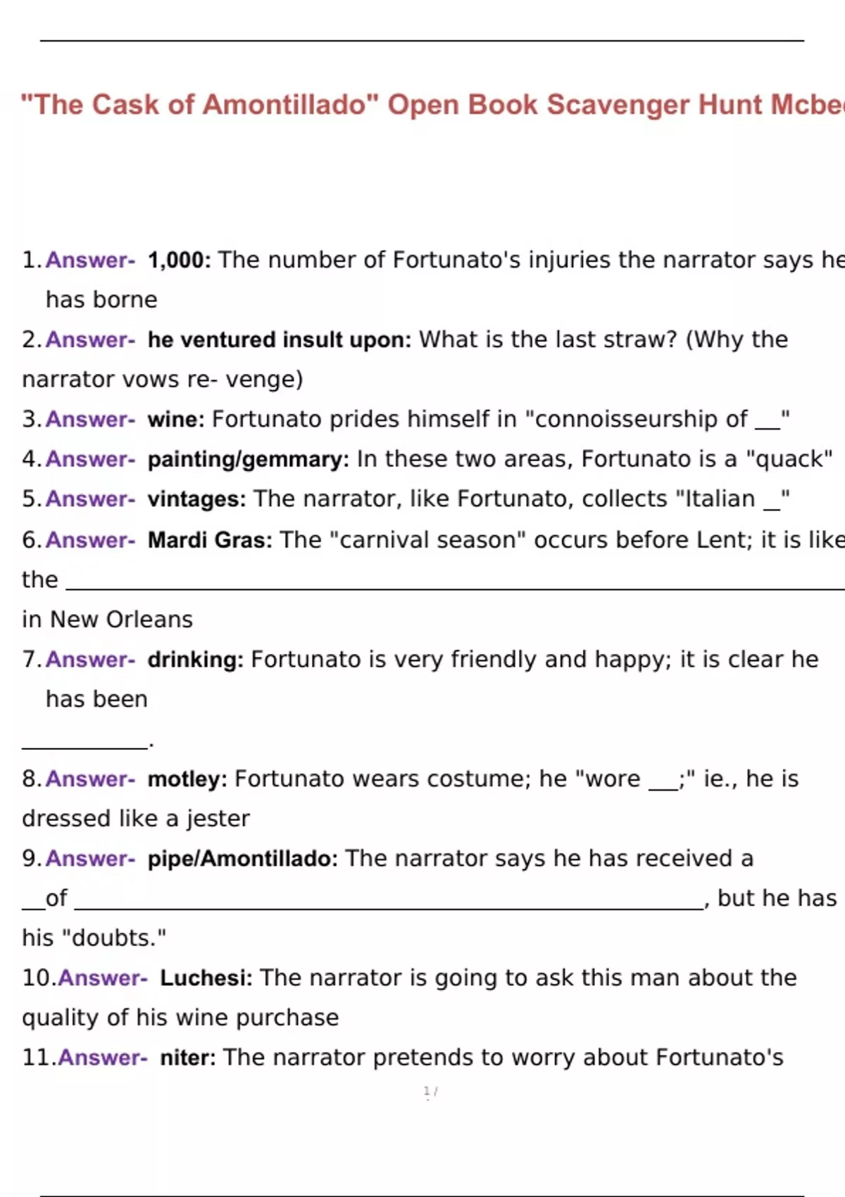 "The Cask of Amontillado" Open Book Scavenger Hunt Mcbee 2024 with ...