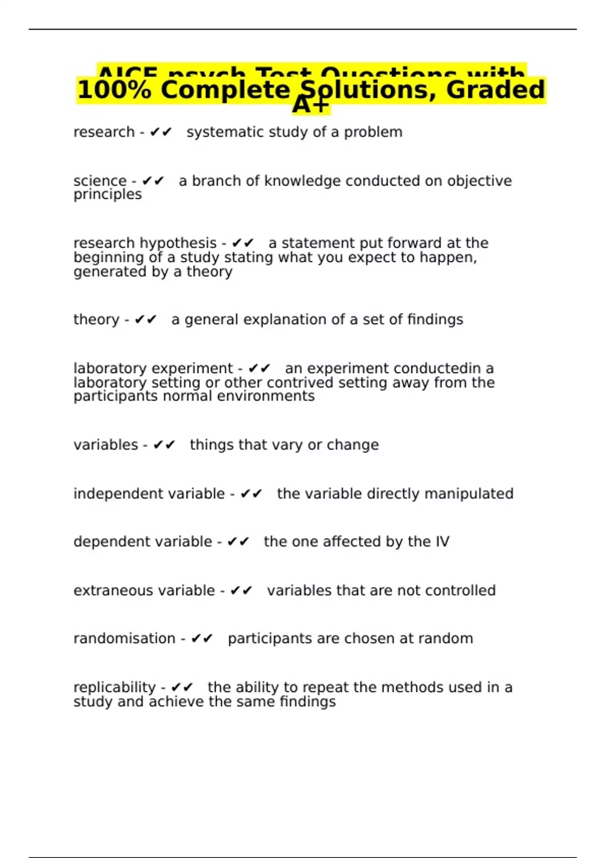 AICE psych Test Questions with 100% Complete Solutions, Graded A+ ...