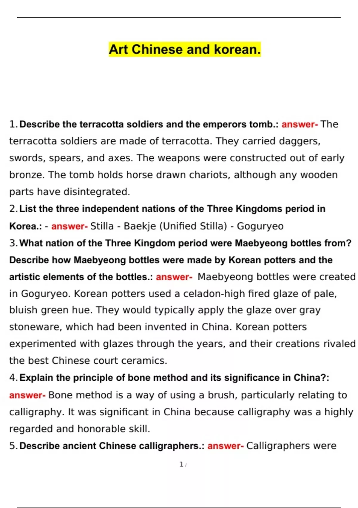 Chinese and Korean Art Quiz 2024 Questions with complete solutions ...