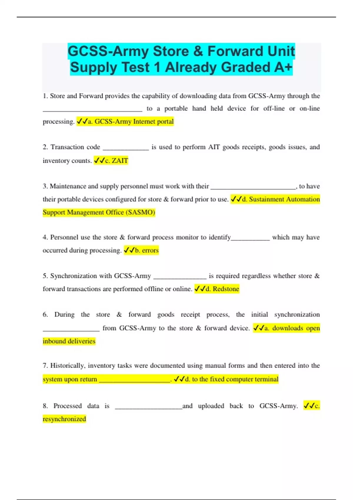 Gcss Army Store And Forward Unit Supply Test 1 Already Graded A Gcss Army Store And Forward Unit