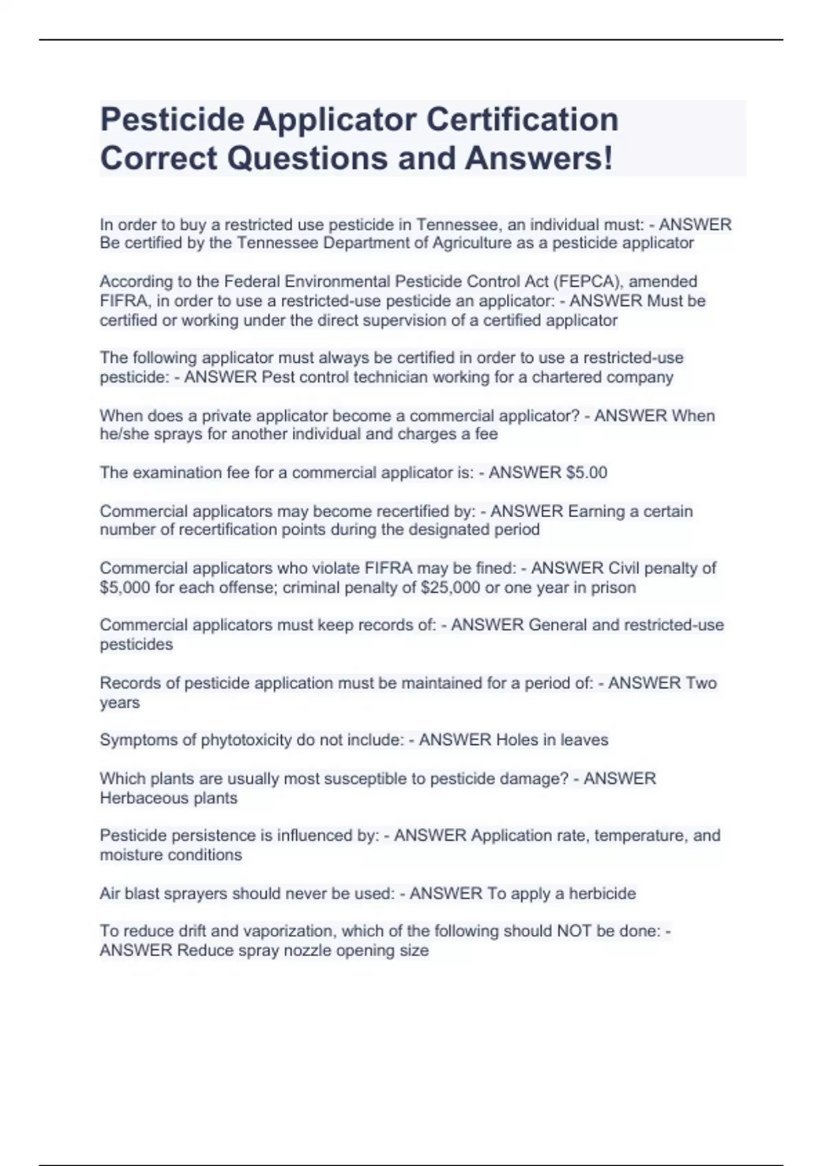 Pesticide Applicator Certification Correct Questions and Answers! - Pesticide Applicator ...