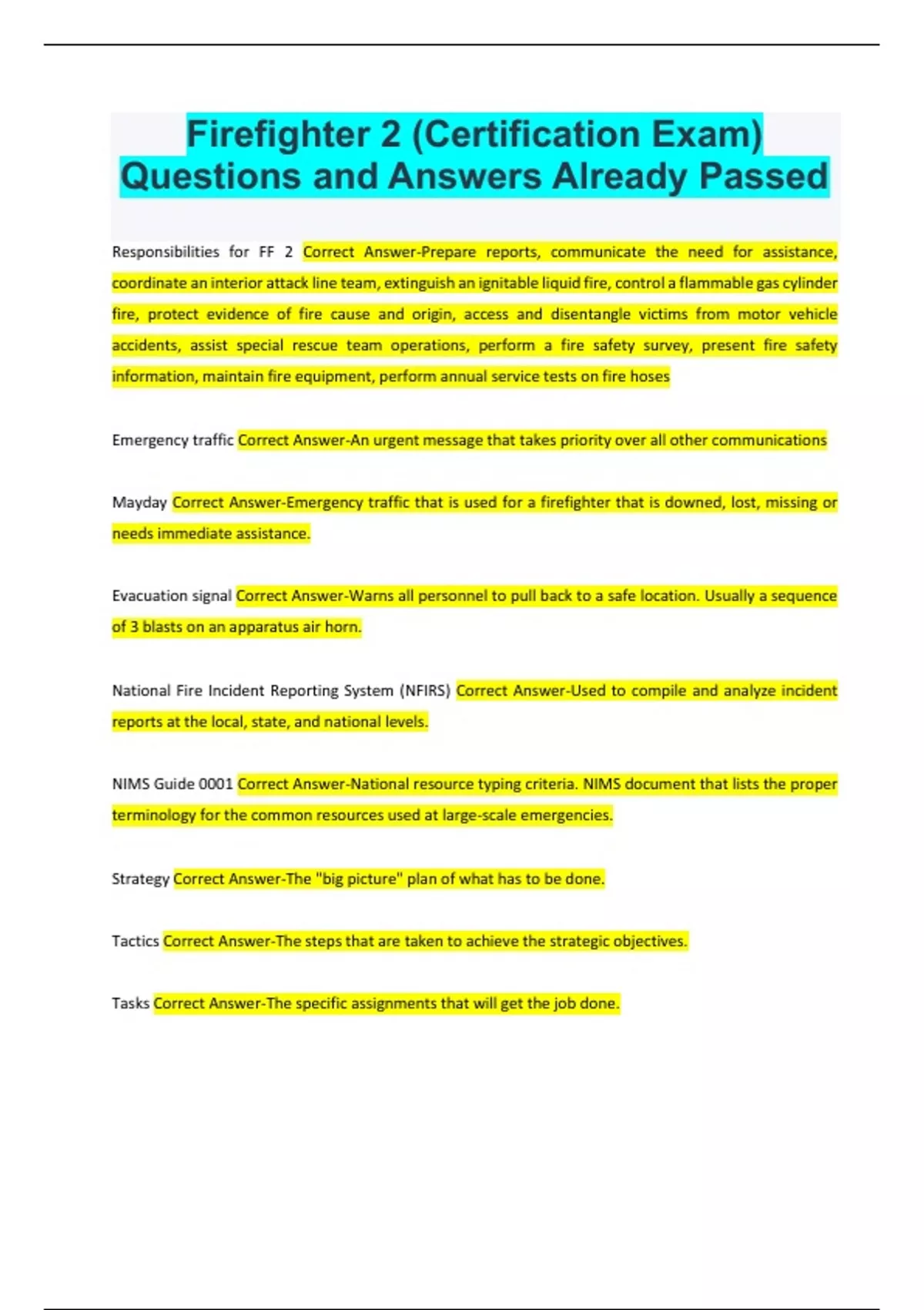 Firefighter 2 (Certification Exam) Questions and Answers Already Passed ...