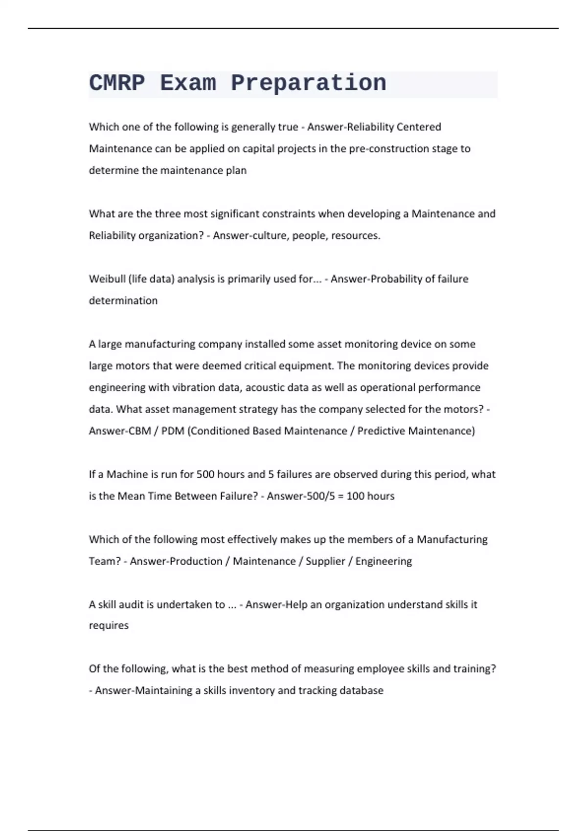 CMRP - Certified Maintenance and Reliability Professional - Stuvia US