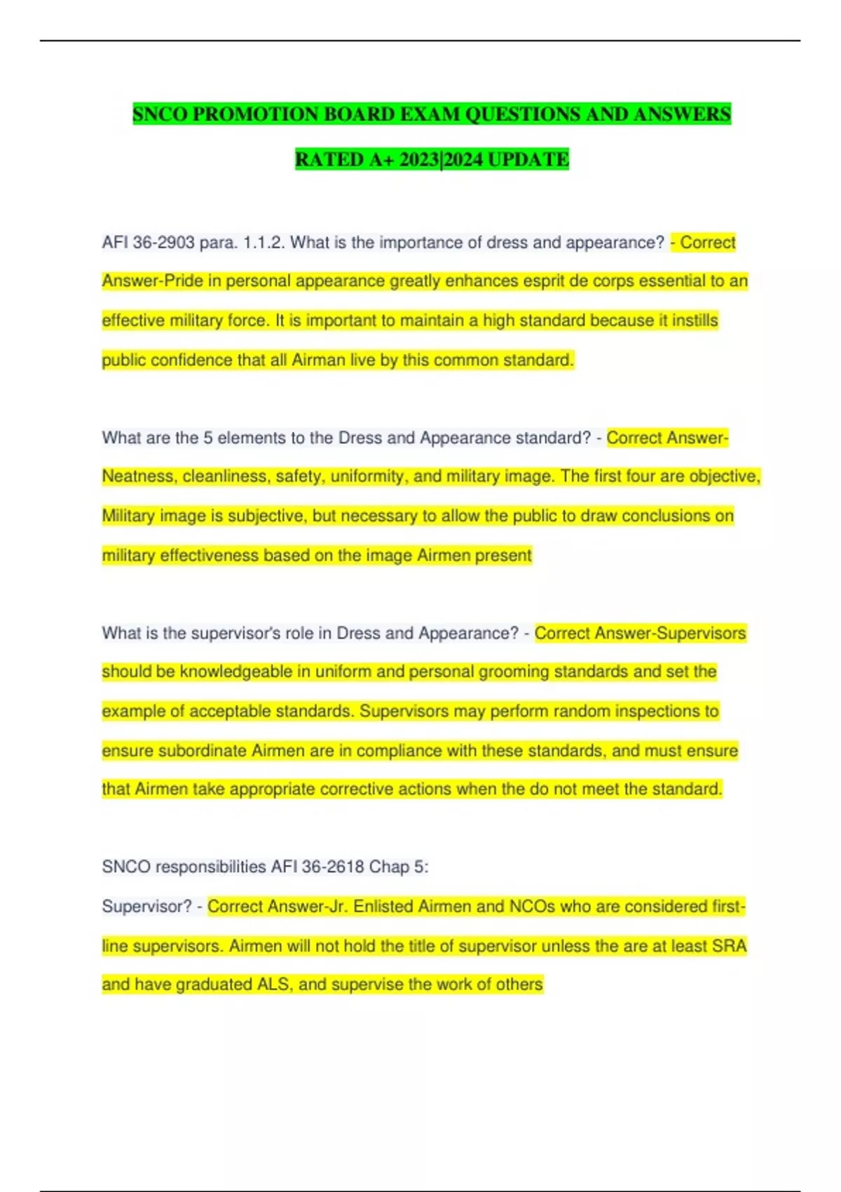 SNCO PROMOTION BOARD EXAM QUESTIONS AND ANSWERS RATED A+ 2023|2024 ...