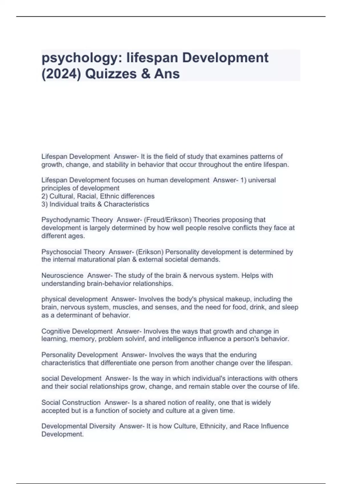 psychology: lifespan Development (2024) Quizzes & Ans - Lifespan ...