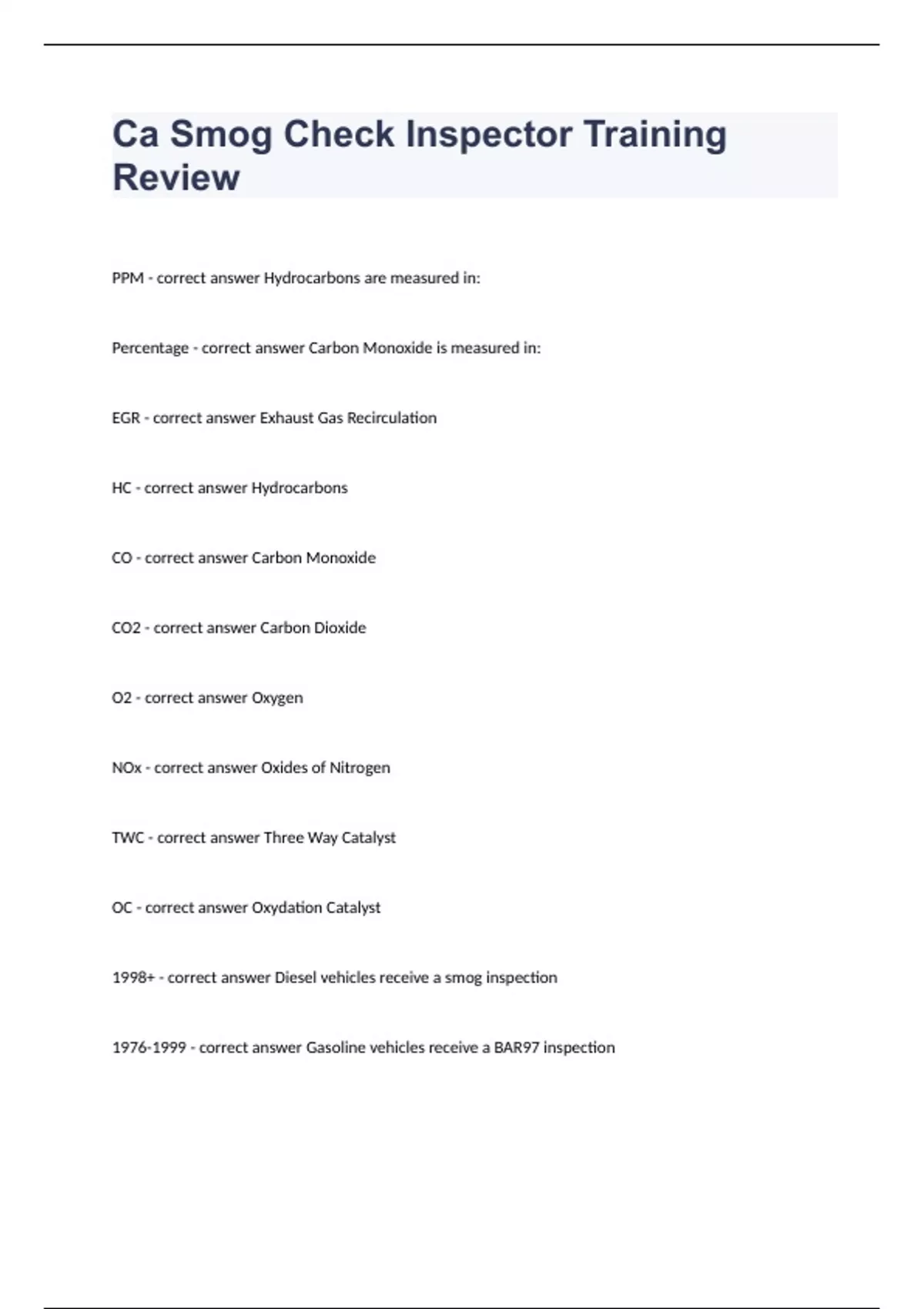 Ca Smog Check Inspector Training Review Questions with complete ...