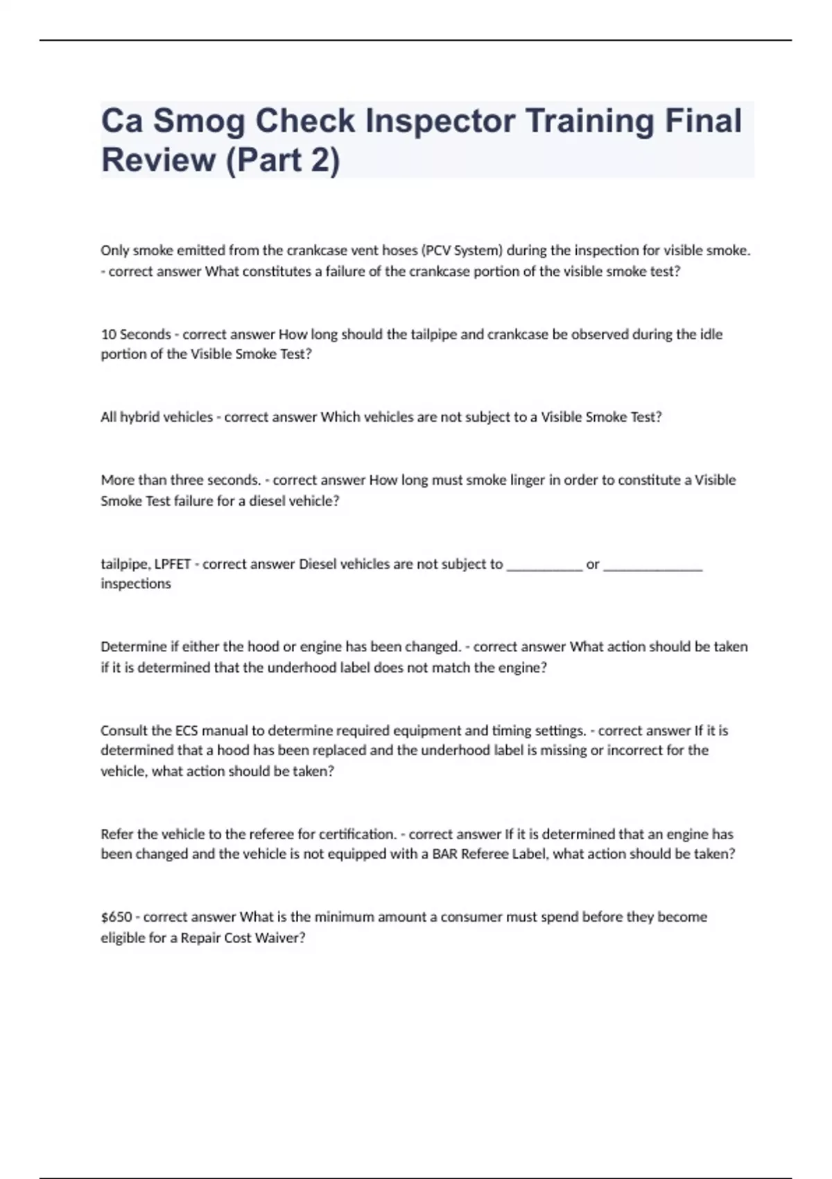 Ca Smog Check Inspector Training Final Review (Part 2) Question and ...