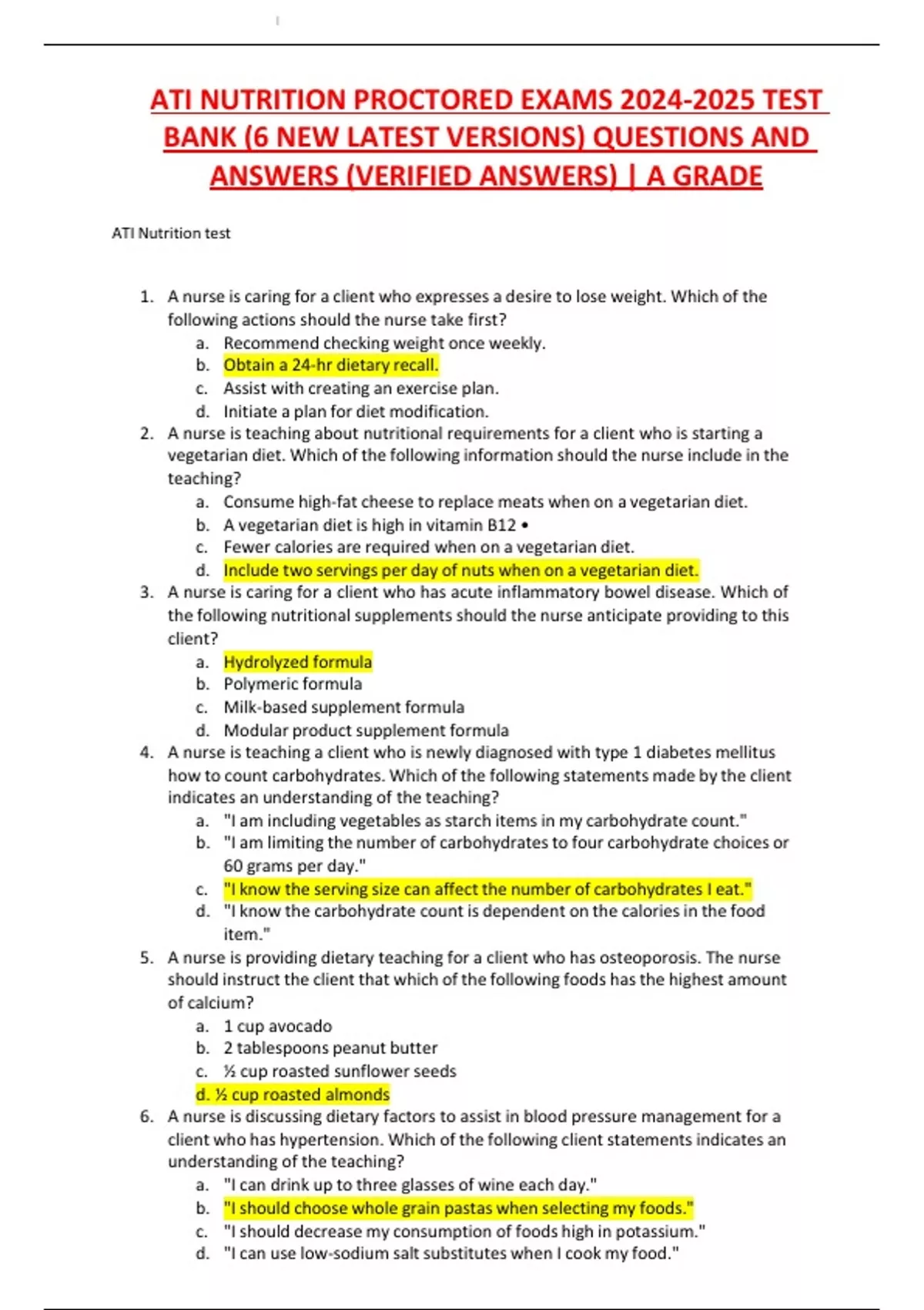 ATI NUTRITION PROCTORED EXAMS TEST BANK (6 NEW LATEST VERSIONS ...