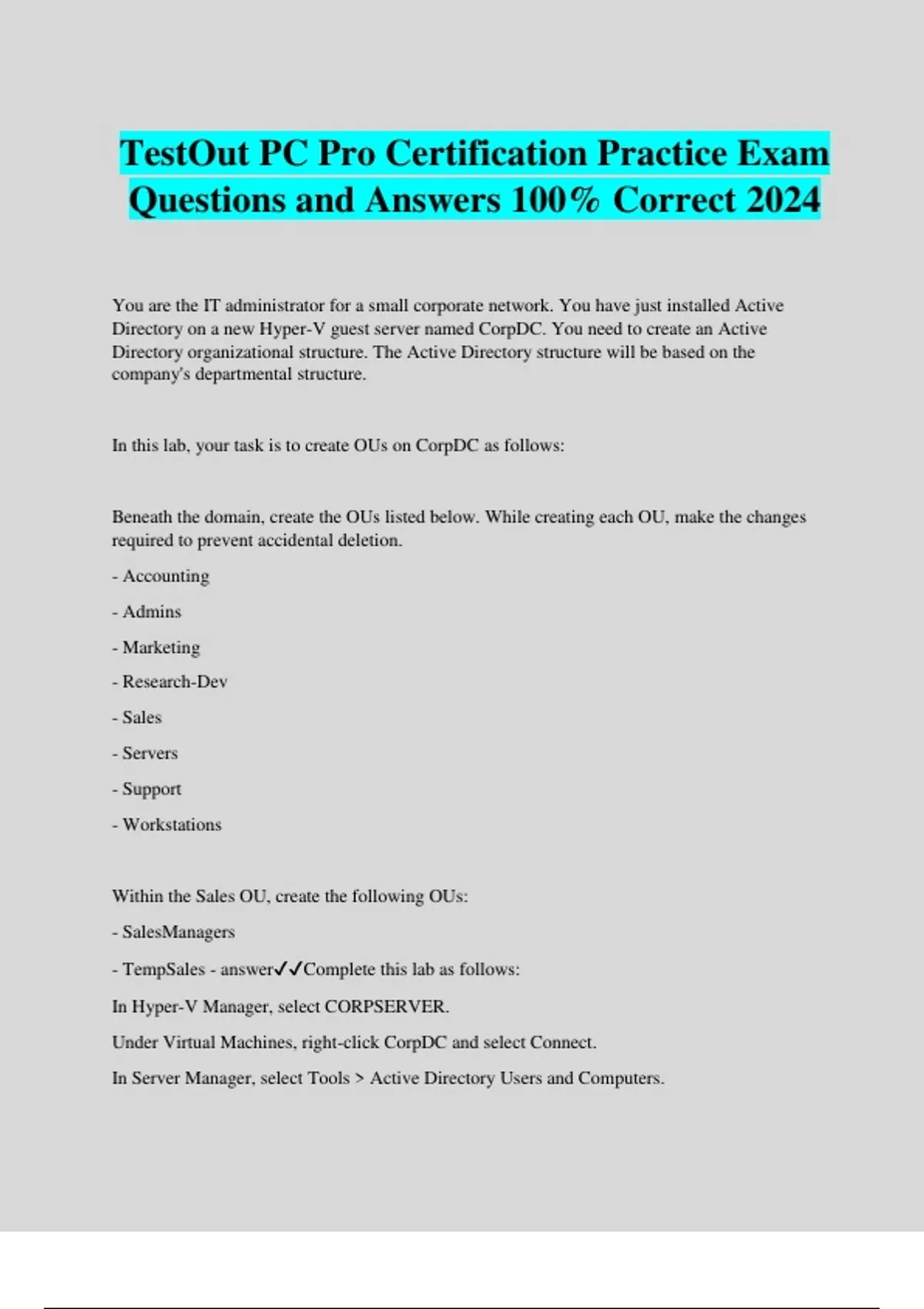TestOut PC Pro Certification Practice Exam Questions and Answers 100% ...
