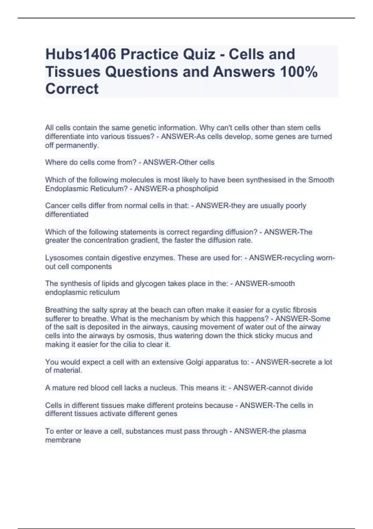 Hubs1406 Practice Quiz - Cells and Tissues Questions and Answers 100% ...