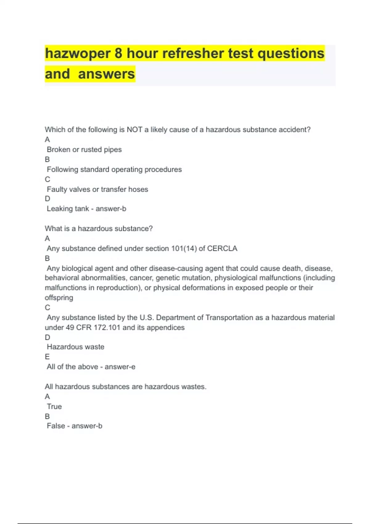 hazwoper 8 hour refresher test questions and answers - Hazwoper 8 hour ...