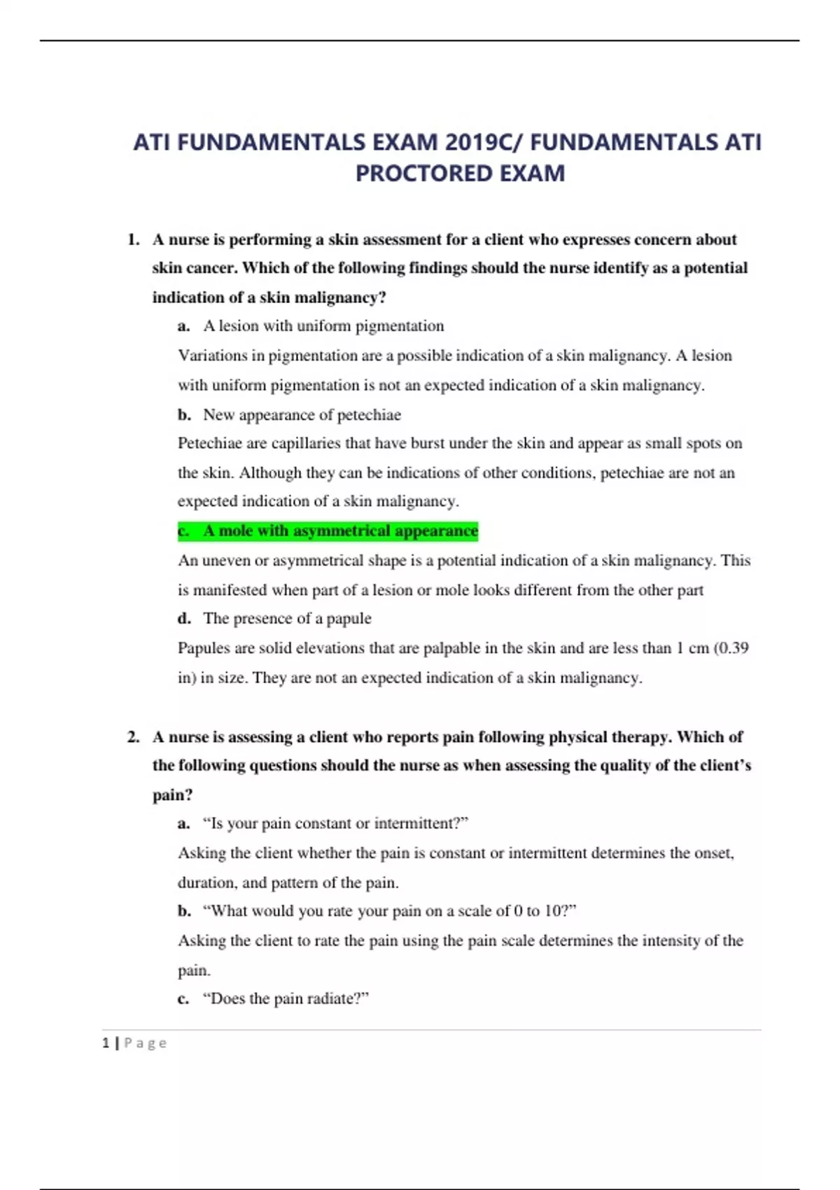 ATI FUNDAMENTALS EXAM 2019C/ FUNDAMENTALS ATI PROCTORED EXAM 1. A nurse ...