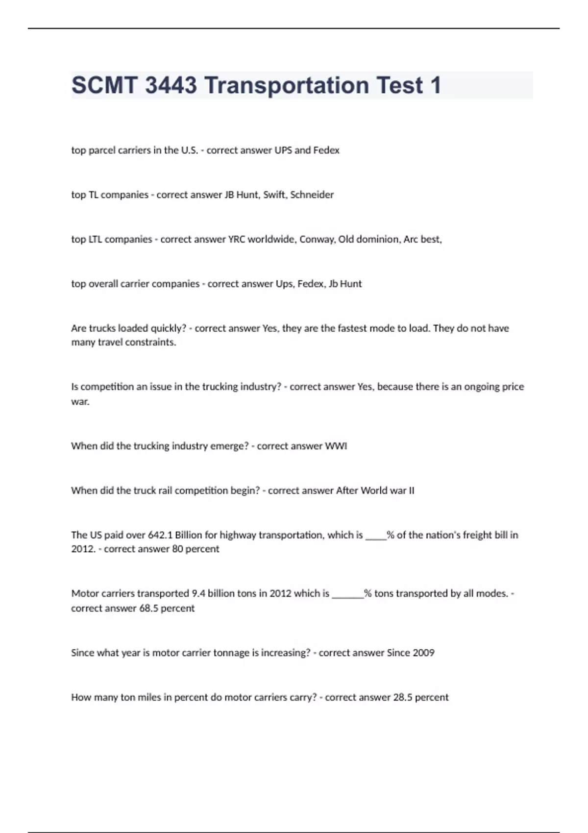 SCMT 3443 Transportation Test 1 Question and answers 100% correct 2023/ ...