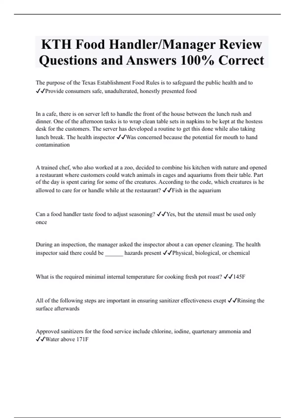 KTH Food Handler/Manager Review Questions and Answers 100% Correct ...