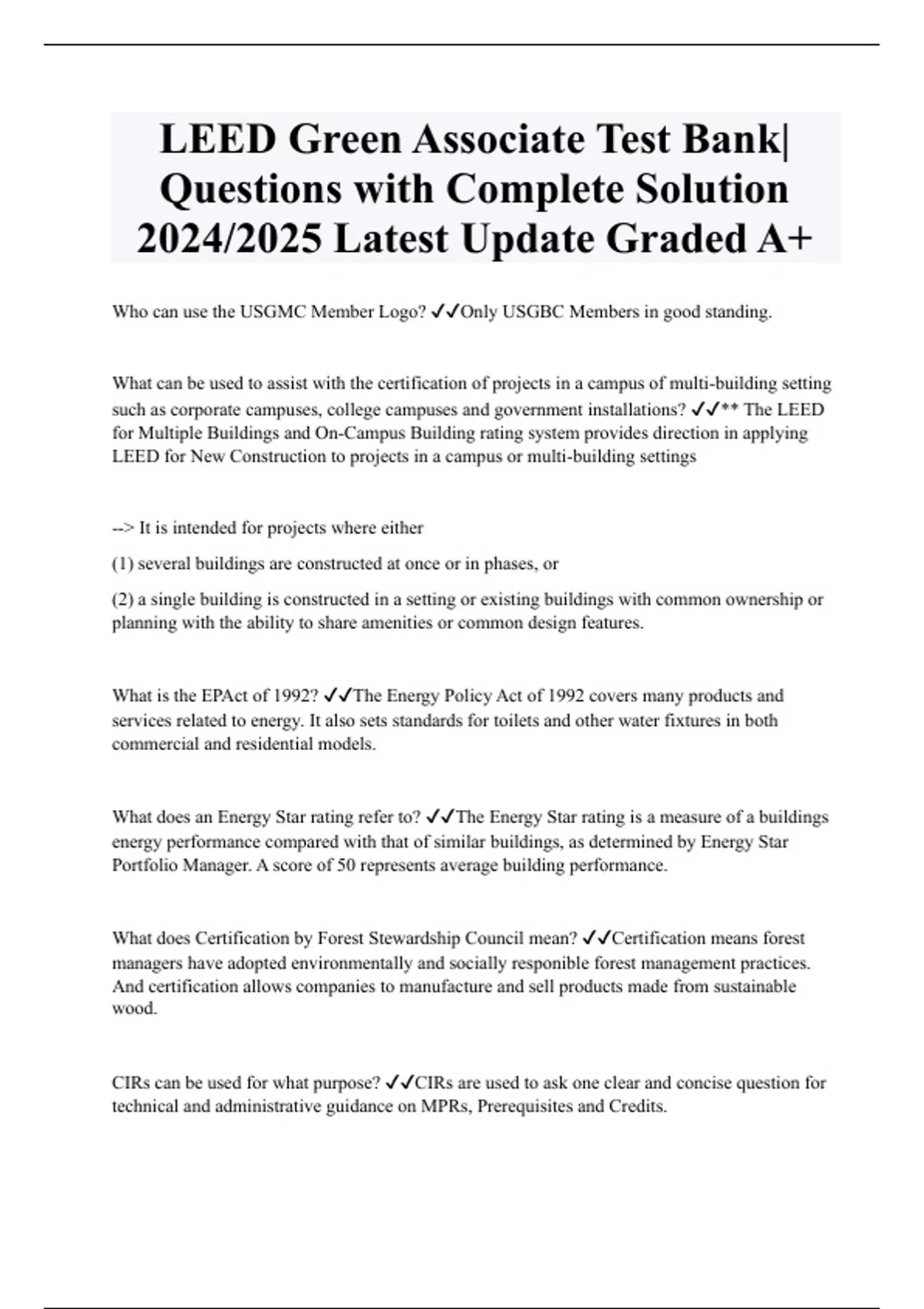 LEED Green Associate Test Bank| Questions with Complete Solution 2024/ ...