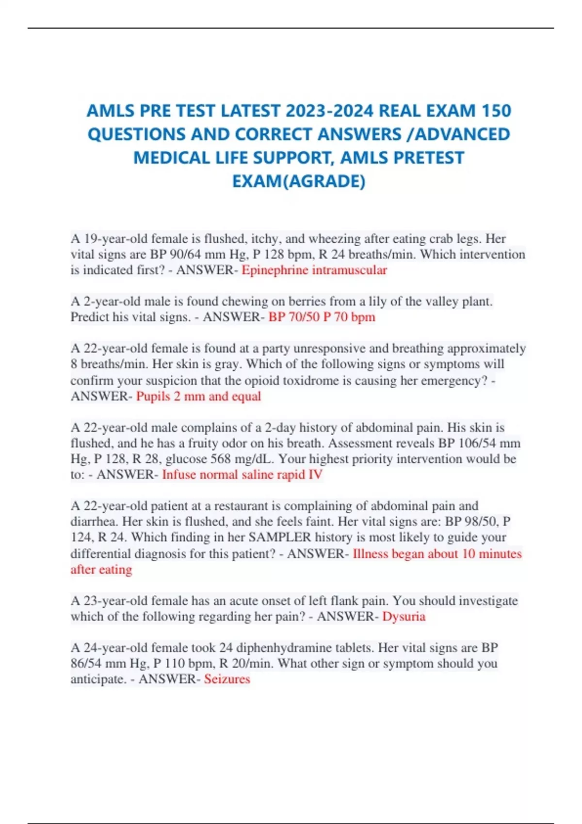 AMLS PRE TEST LATEST REAL EXAM 150 QUESTIONS AND CORRECT ANSWERS ...