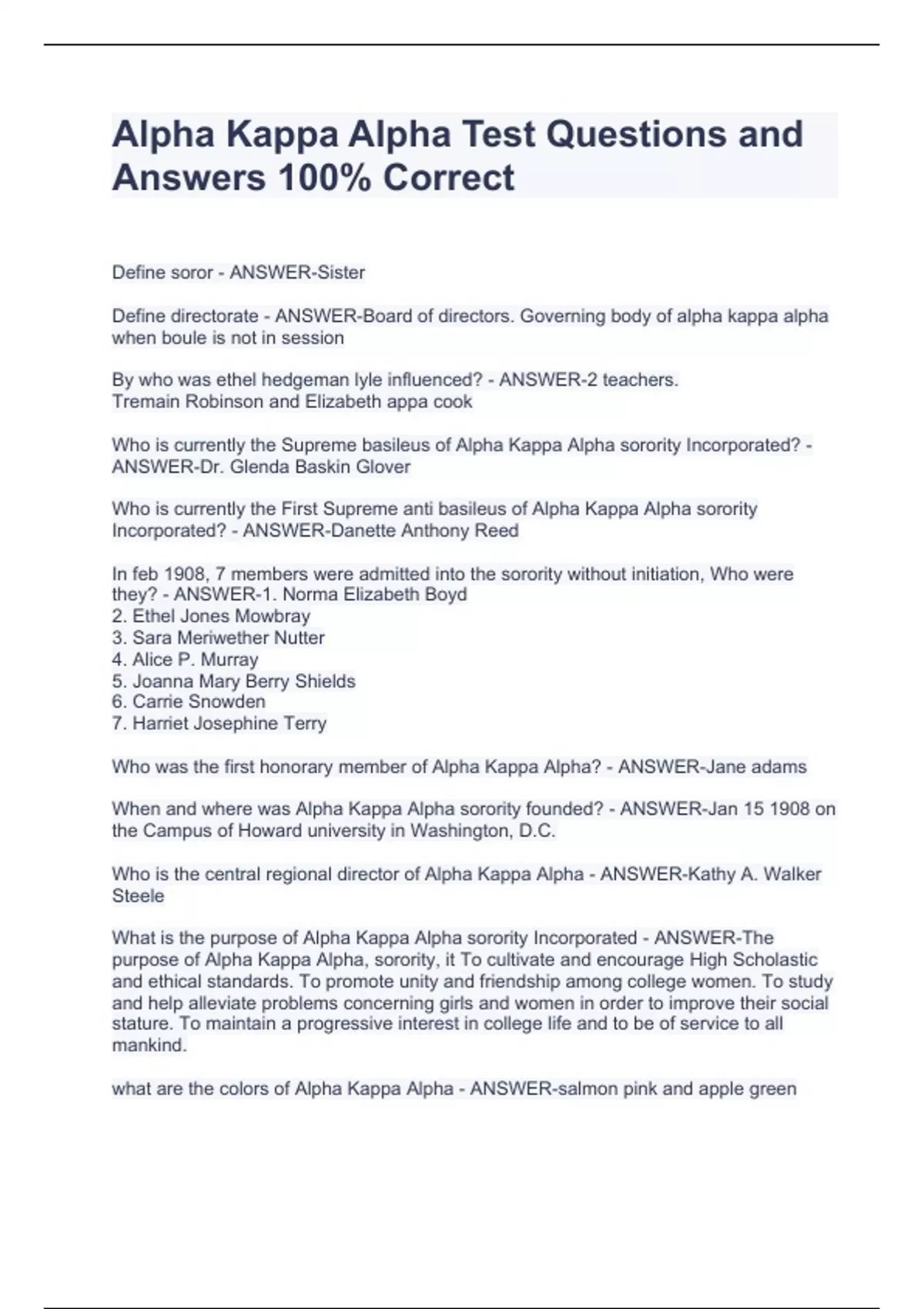 Alpha Kappa Alpha Test Questions and Answers 100% Correct - Alpha Kappa ...