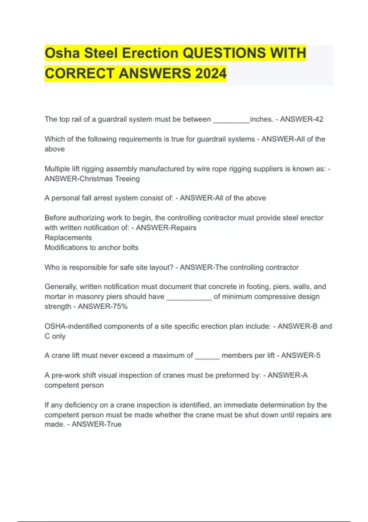 Osha Steel Erection QUESTIONS WITH CORRECT ANSWERS 2024 - Osha Steel Erection QS - Stuvia US