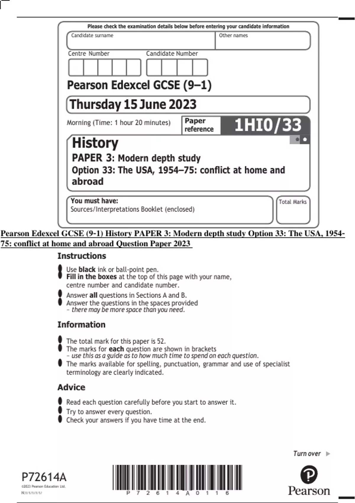 Pearson Edexcel GCSE (9–1) History PAPER 3: Modern depth study Option ...