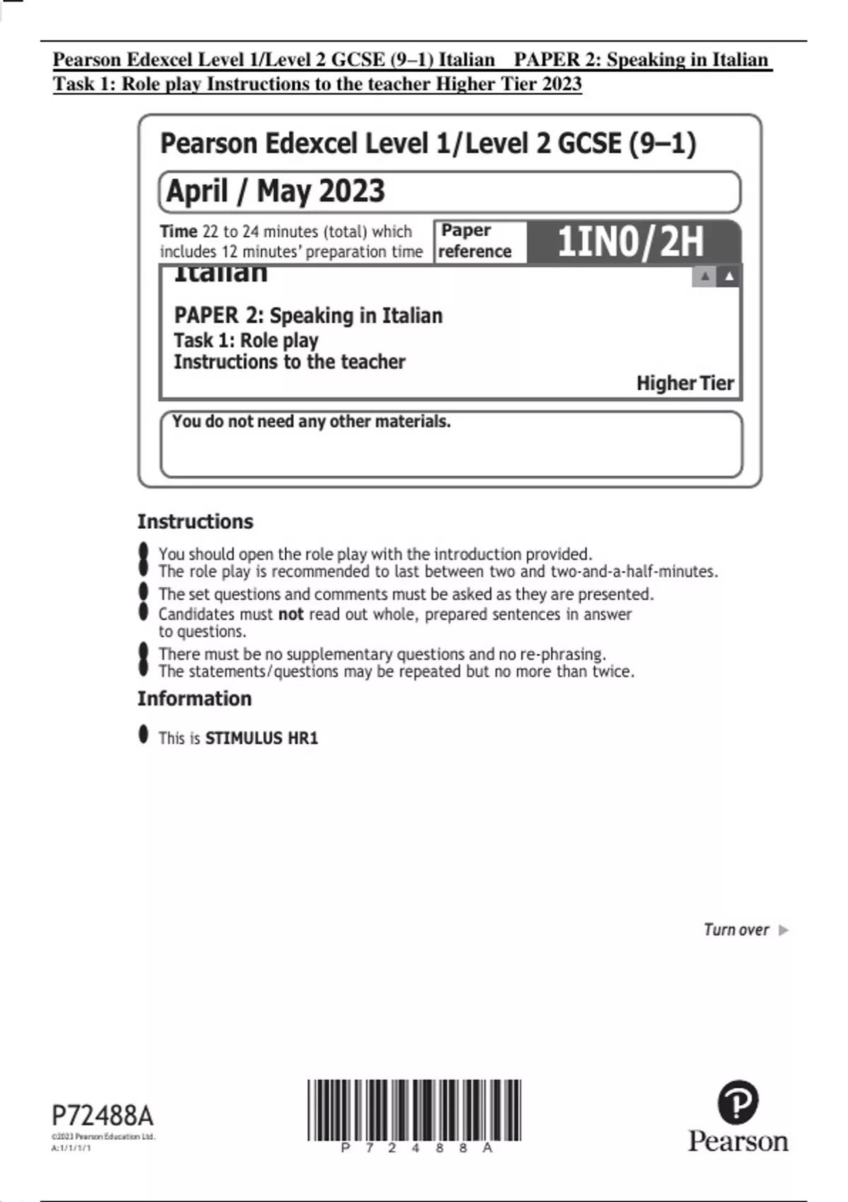 Pearson Edexcel Level 1/Level 2 GCSE (9–1) Italian PAPER 2: Speaking in ...