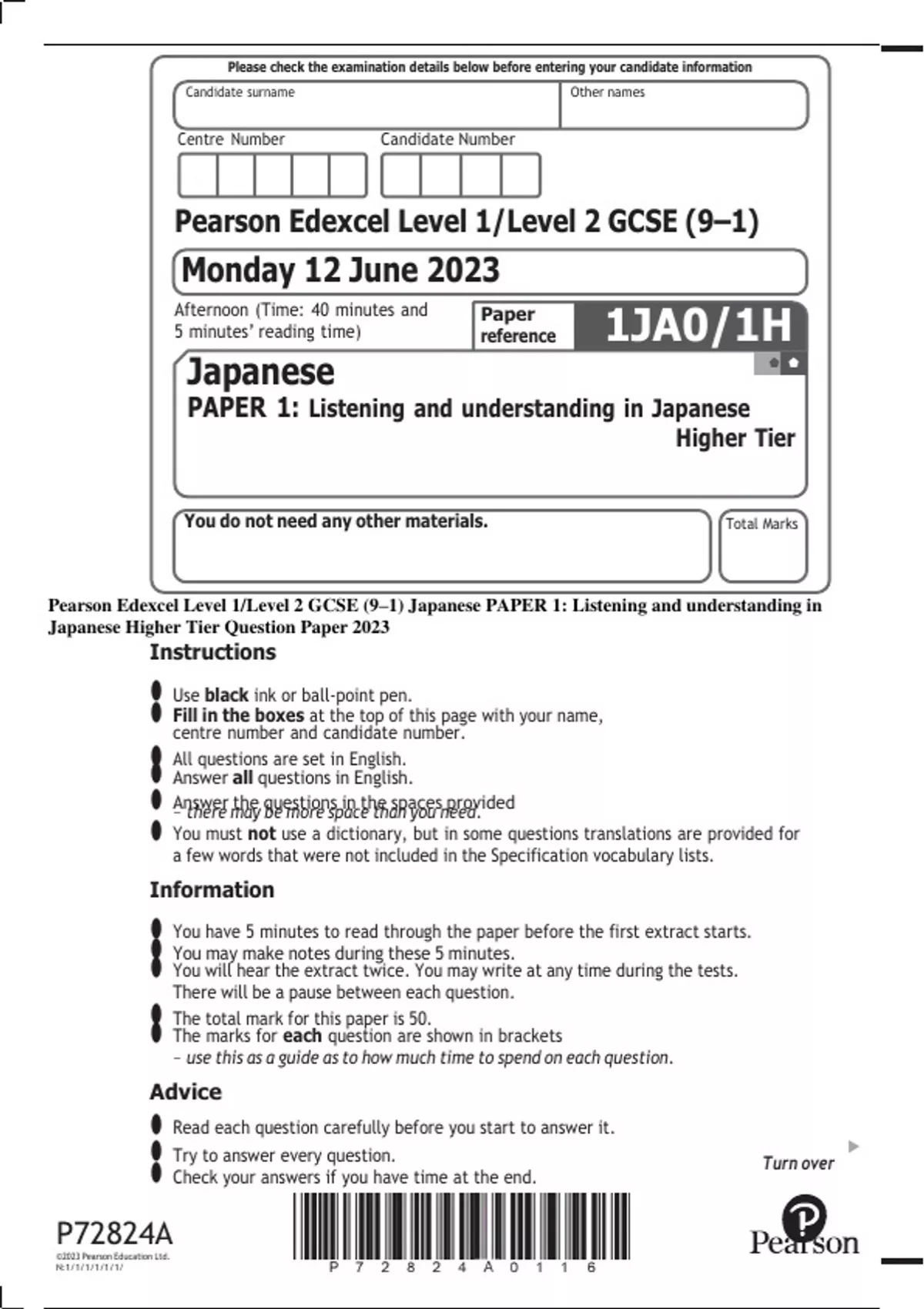 Pearson Edexcel Level 1/Level 2 GCSE (9–1) Japanese PAPER 1: Listening ...