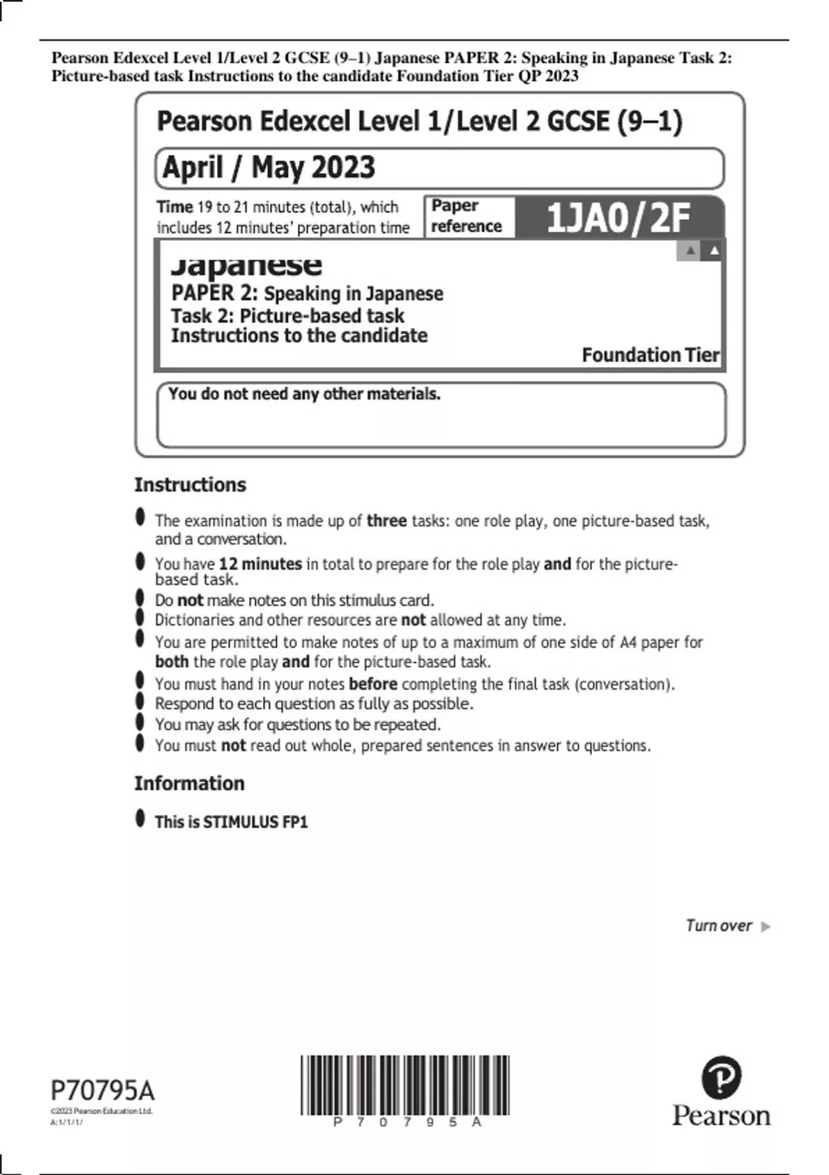 Pearson Edexcel Level 1/Level 2 GCSE (9–1) Japanese PAPER 2: Speaking ...