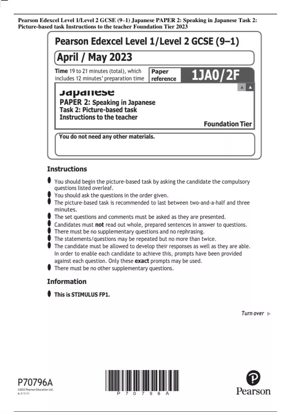 Pearson Edexcel Level 1/Level 2 GCSE (9–1) Japanese PAPER 2: Speaking ...