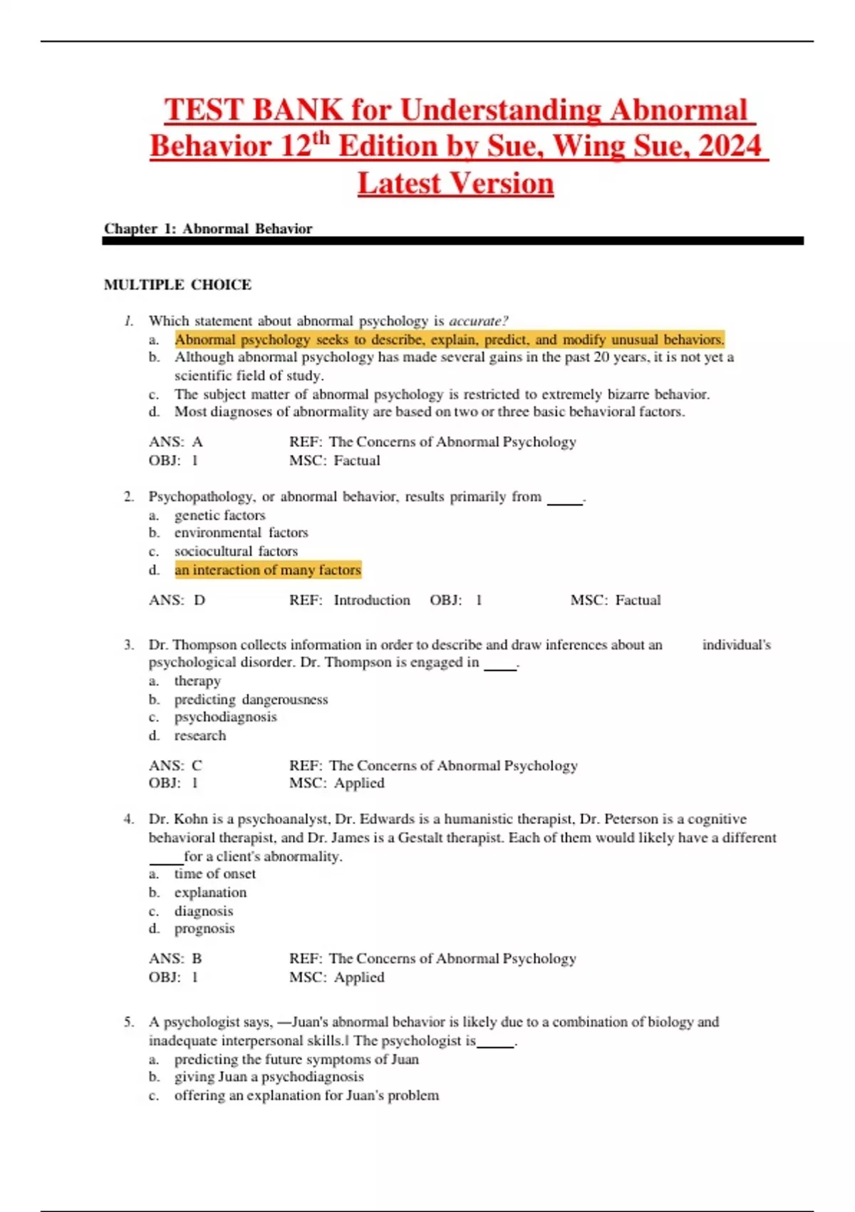TEST BANK for Understanding Abnormal Behavior 12th Edition by Sue, Wing ...