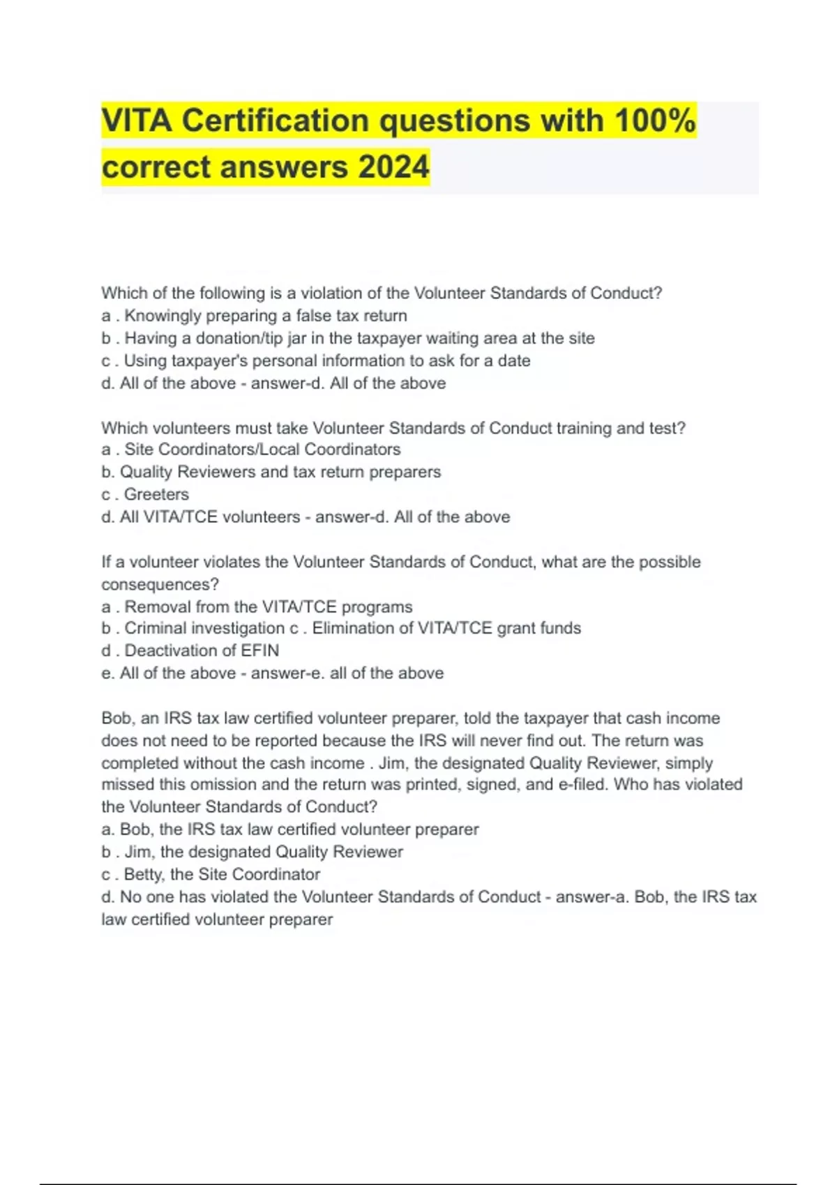 VITA Certification questions with 100% correct answers 2024 - VITA ...