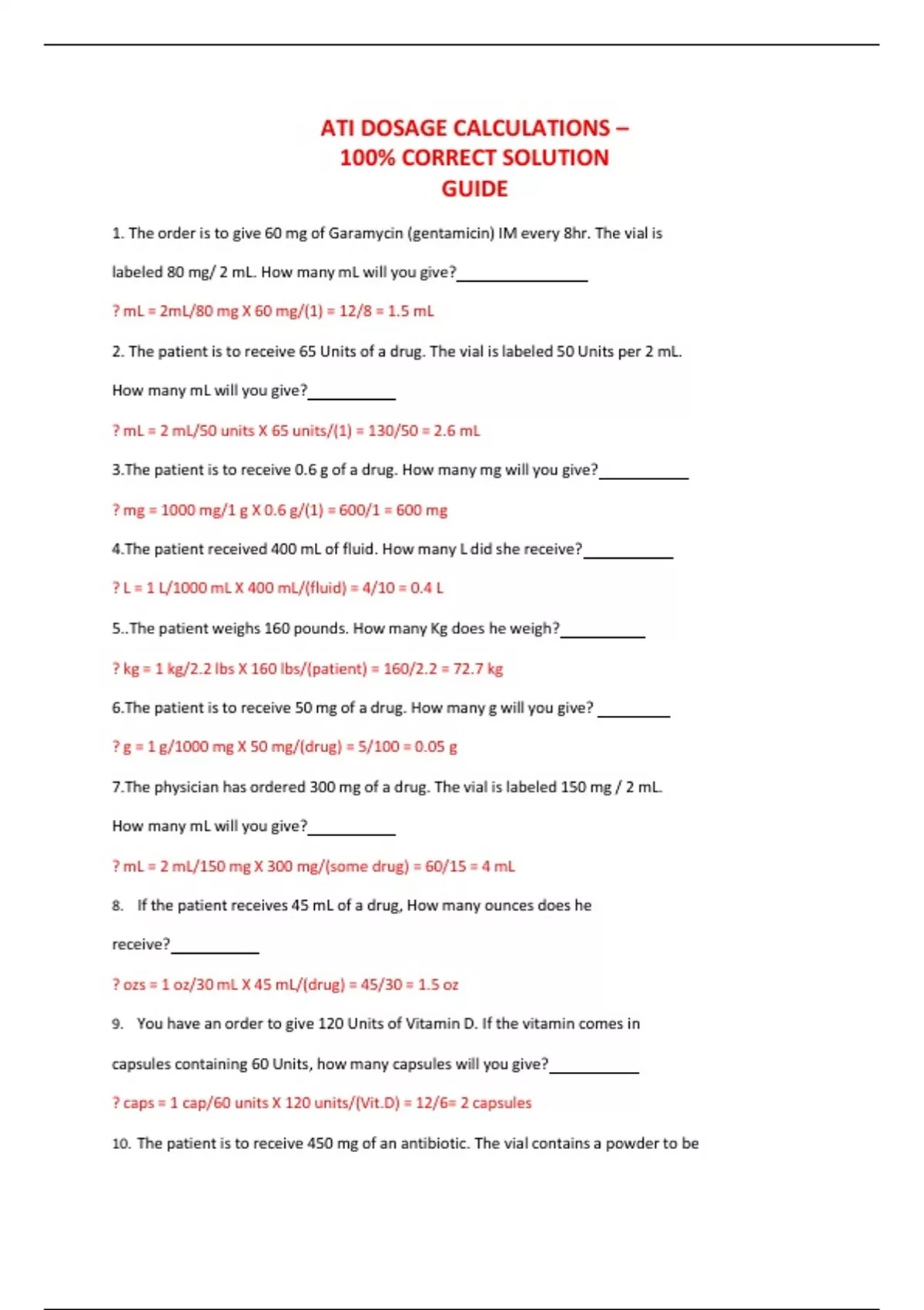 ATI DOSAGE CALCULATIONS – 100% CORRECT SOLUTION GUIDE - ATI DOSAGE ...
