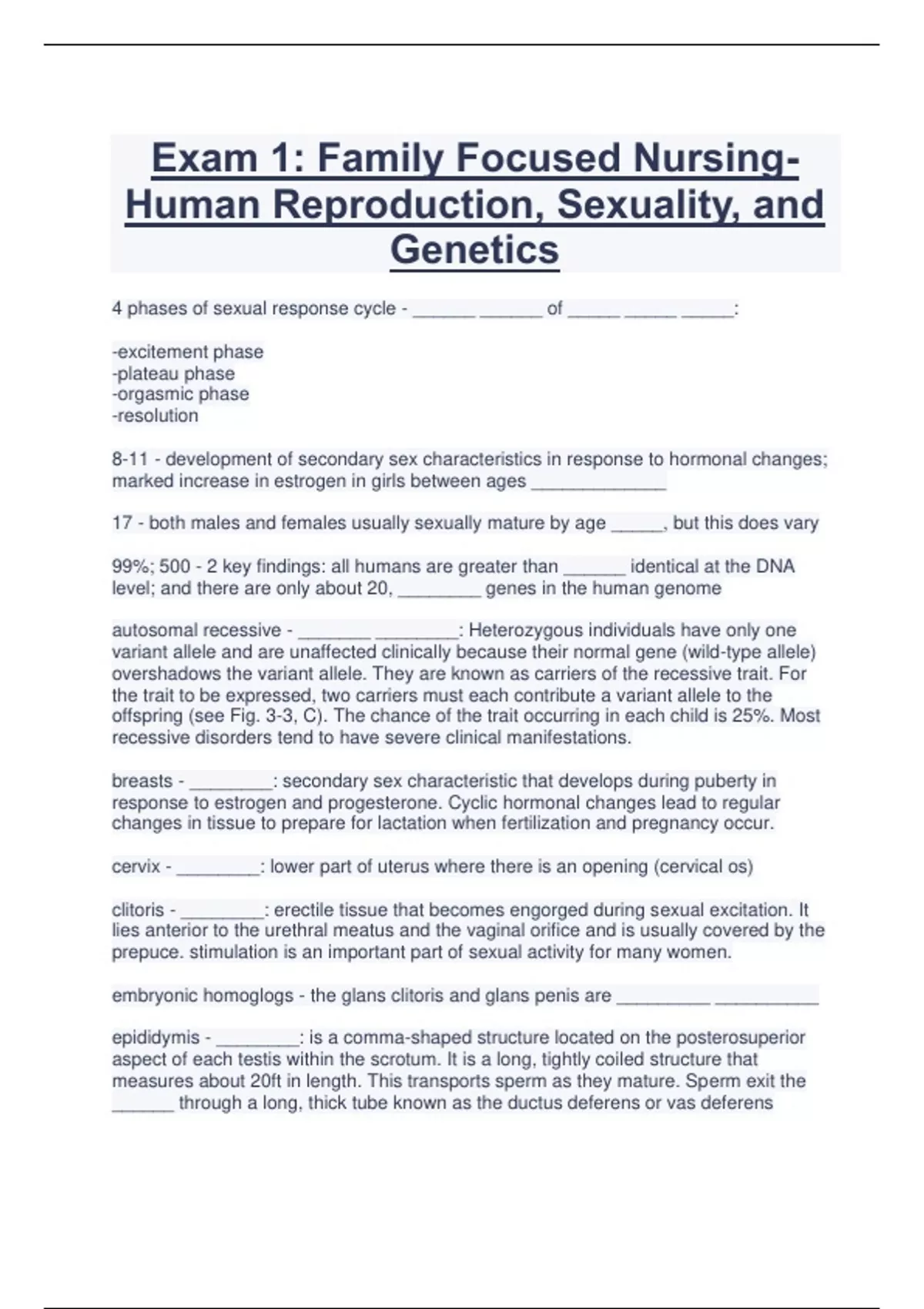 Exam 1: Family Focused Nursing Human Reproduction, Sexuality, and ...