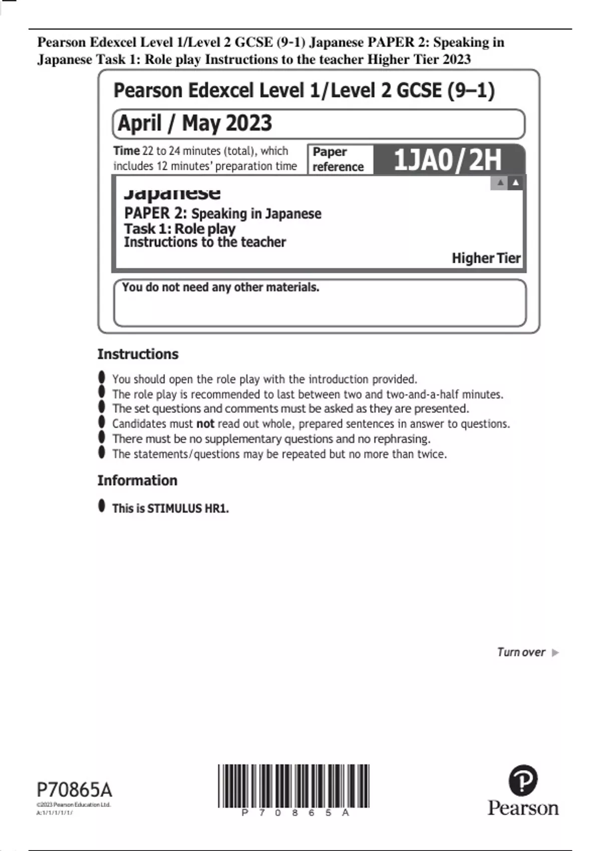 Pearson Edexcel Level 1/Level 2 GCSE (9–1) Japanese PAPER 2: Speaking ...