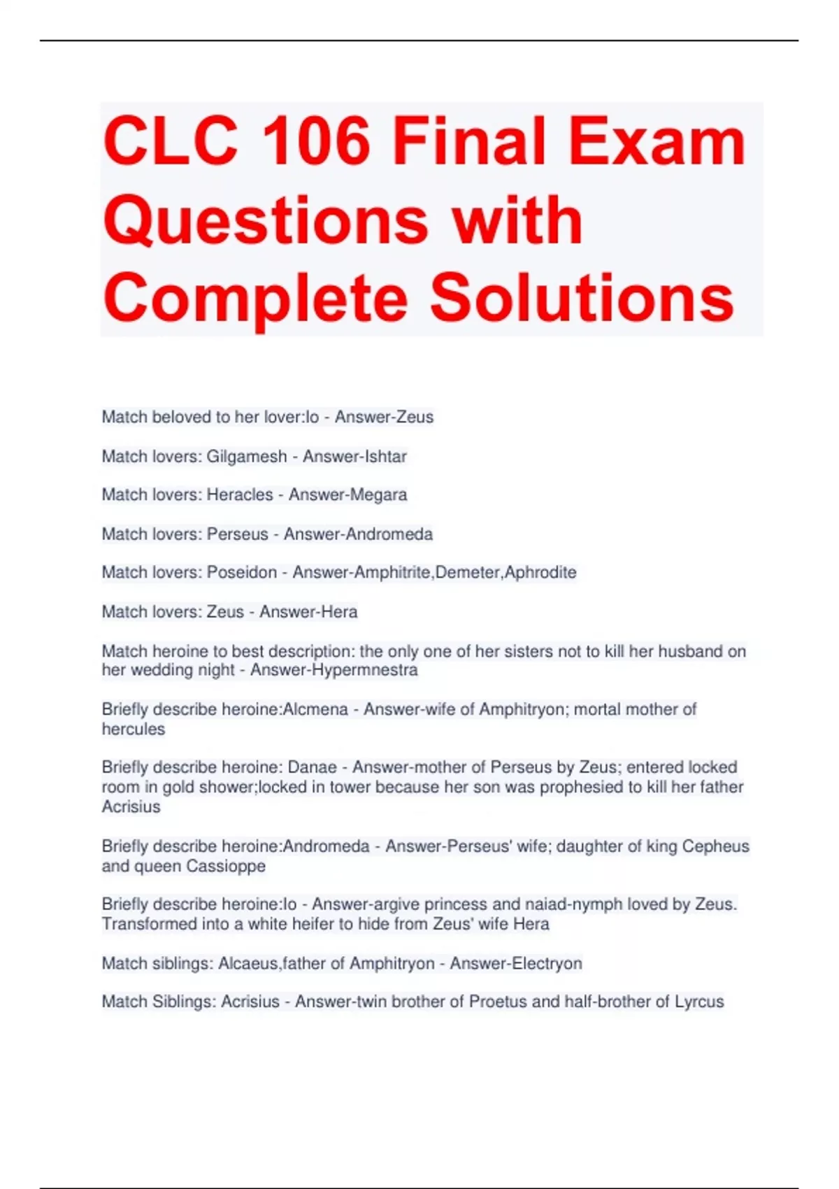 CLC 106 Final Exam Questions with Complete Solutions - CLC 106 - Stuvia US
