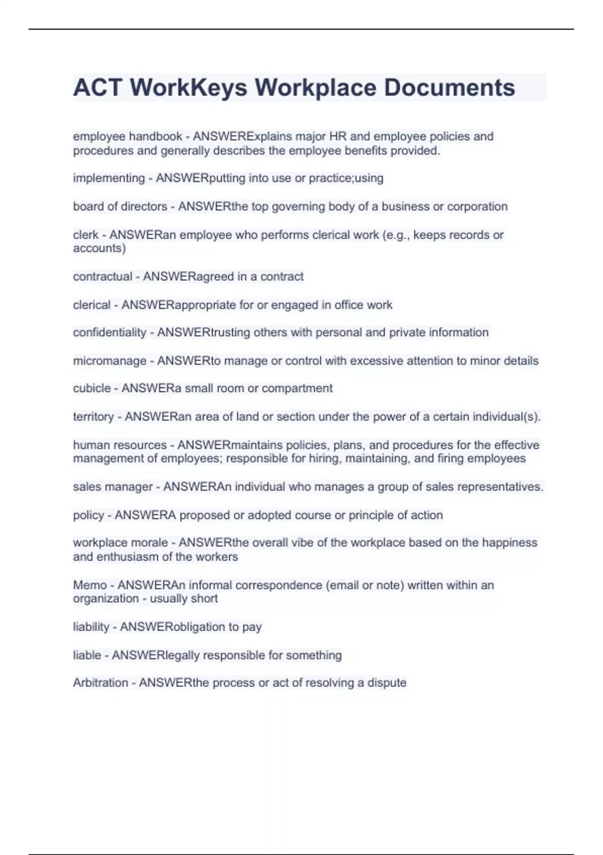 Act Workkeys Workplace Documents Practice Questions And Answers 2024 Workkeys Stuvia Us