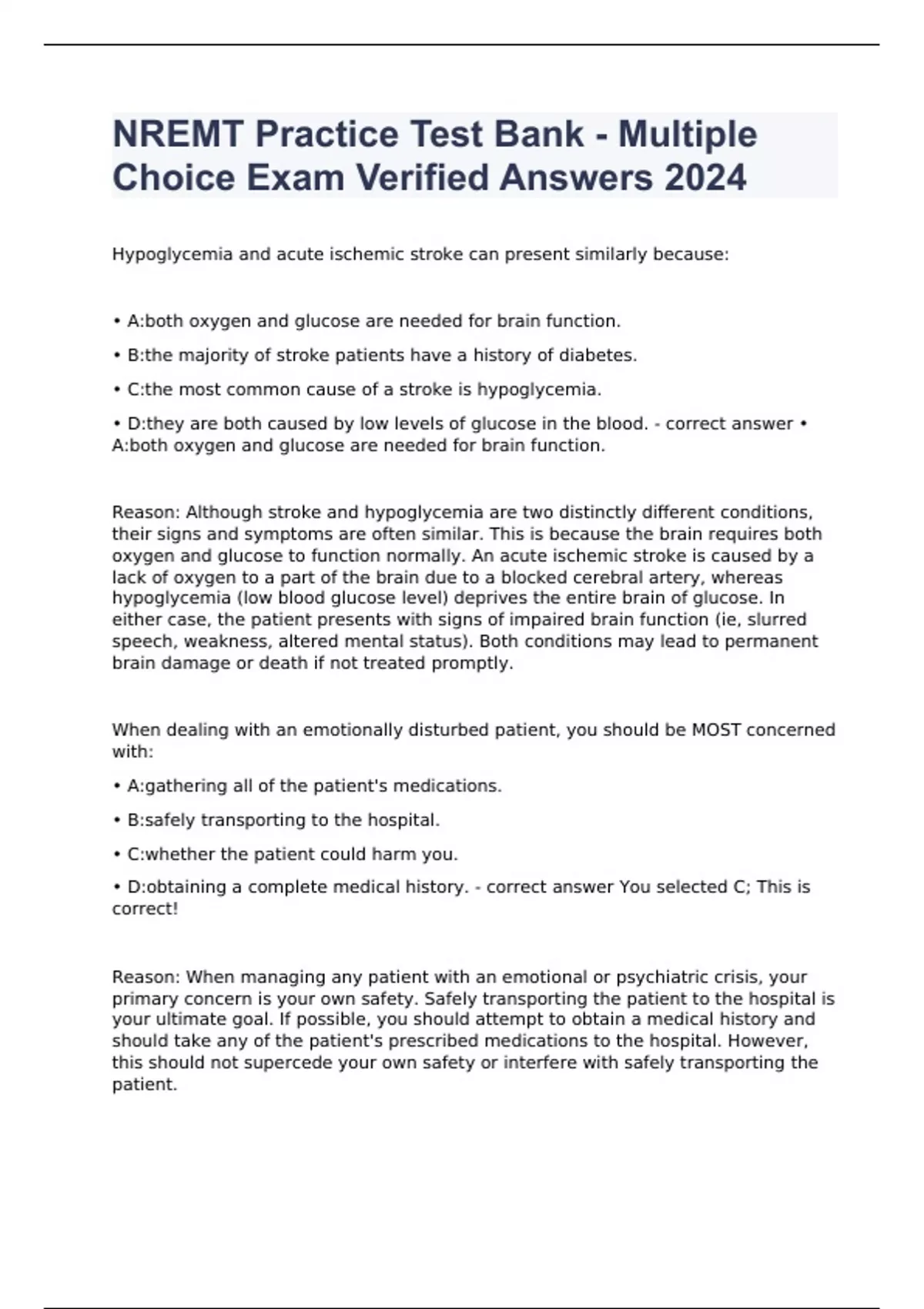 NREMT Practice Test Bank - Multiple Choice Exam Verified Answers 2024 ...
