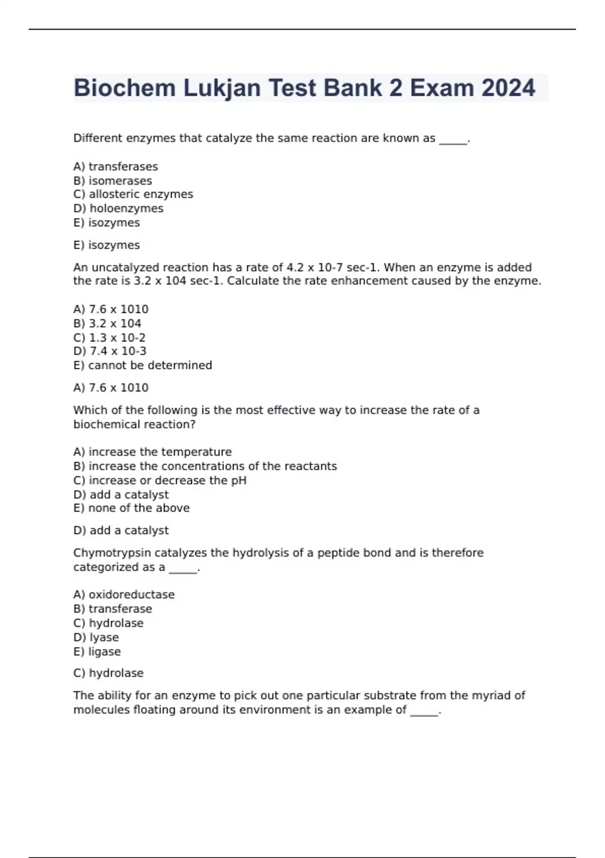 Biochem Lukjan Test Bank 2 Exam 2024 - Bio-chemistry - Stuvia US