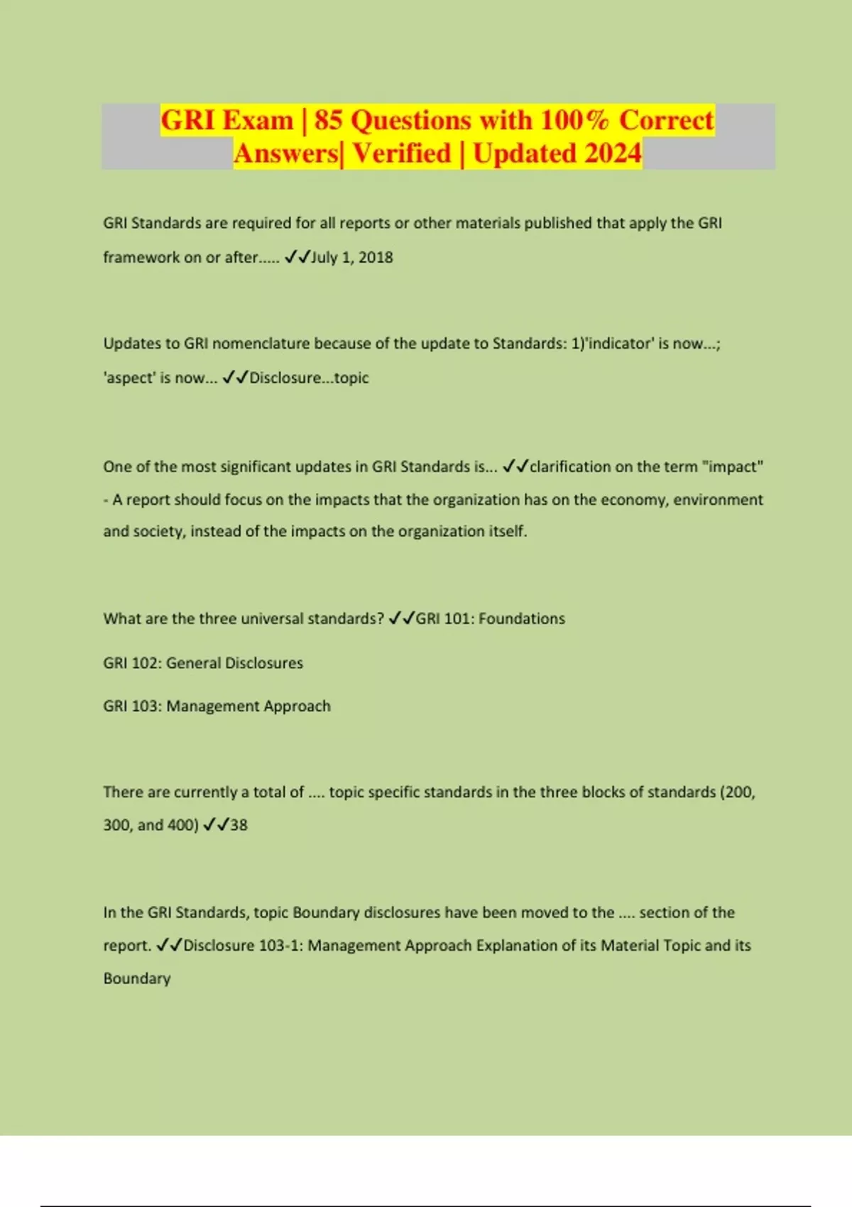 GRI Exam | 85 Questions with 100% Correct Answers| Verified | Updated ...