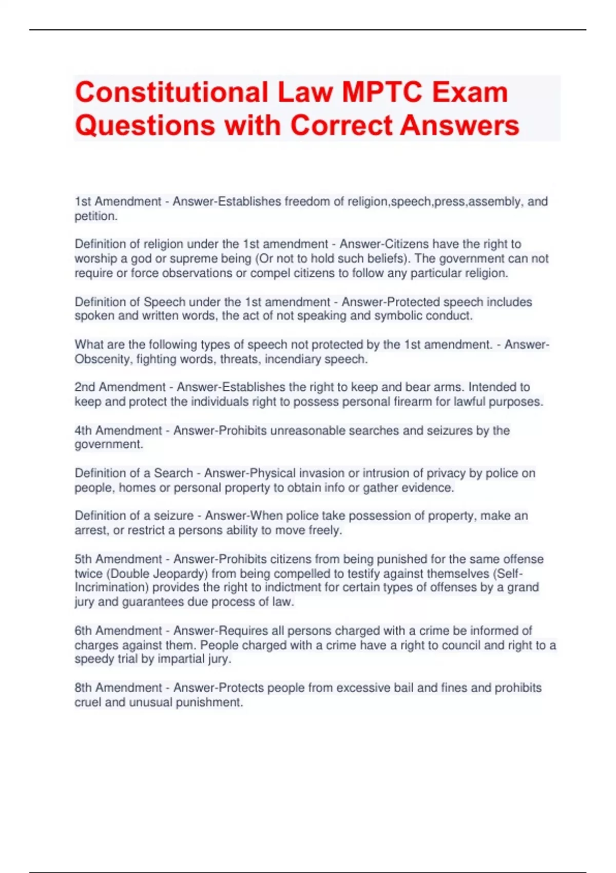 Constitutional Law MPTC Exam Questions with Correct Answers ...