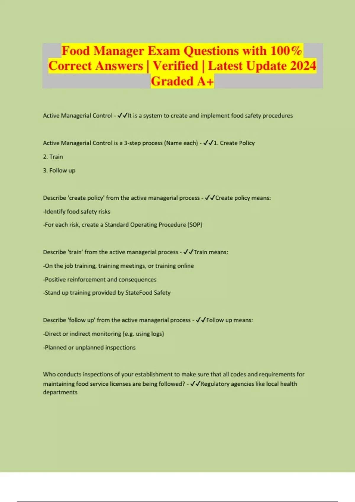 Food Manager Exam Questions with 100% Correct Answers | Verified ...