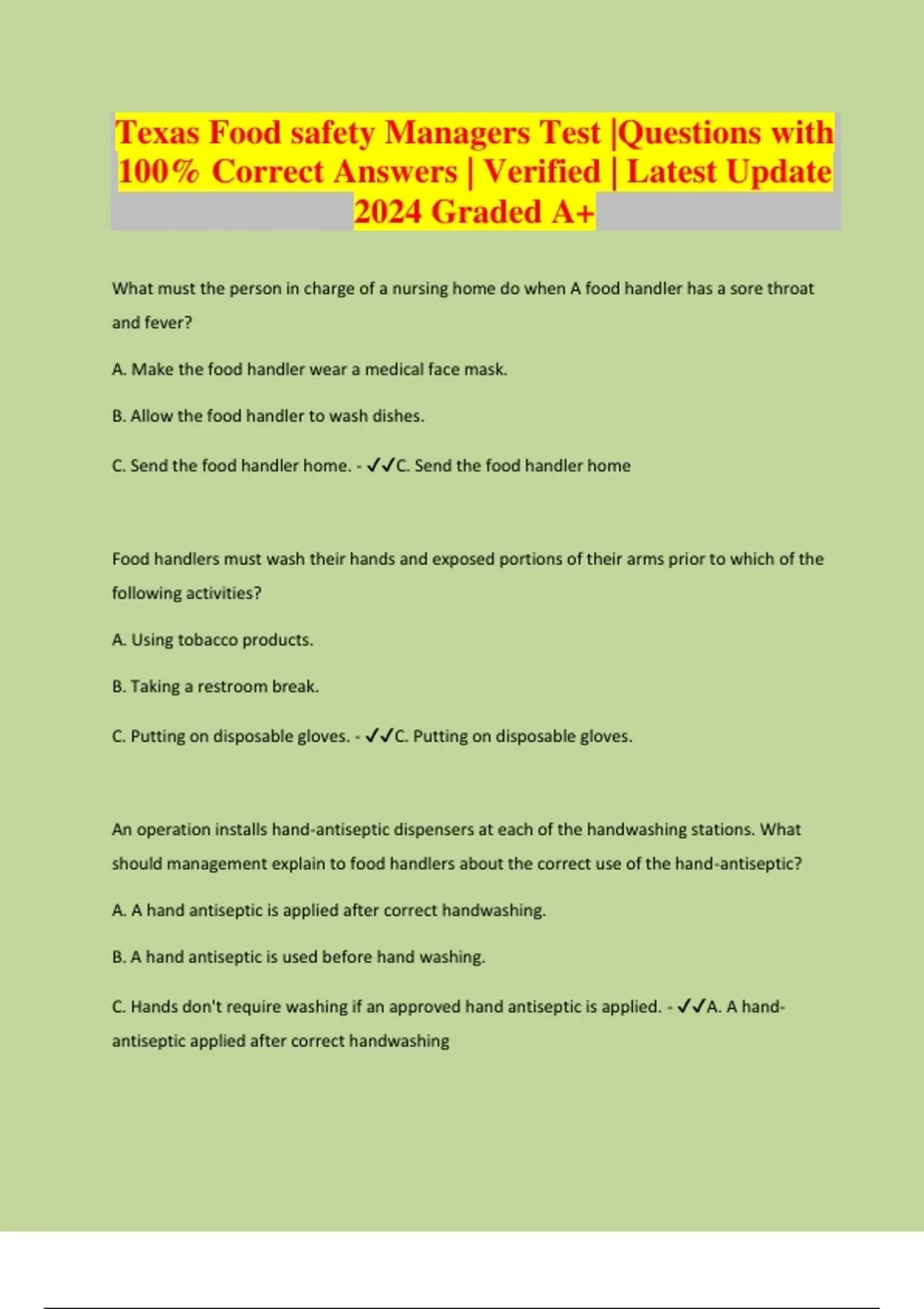 Texas Food safety Managers Test |Questions with 100% Correct Answers ...
