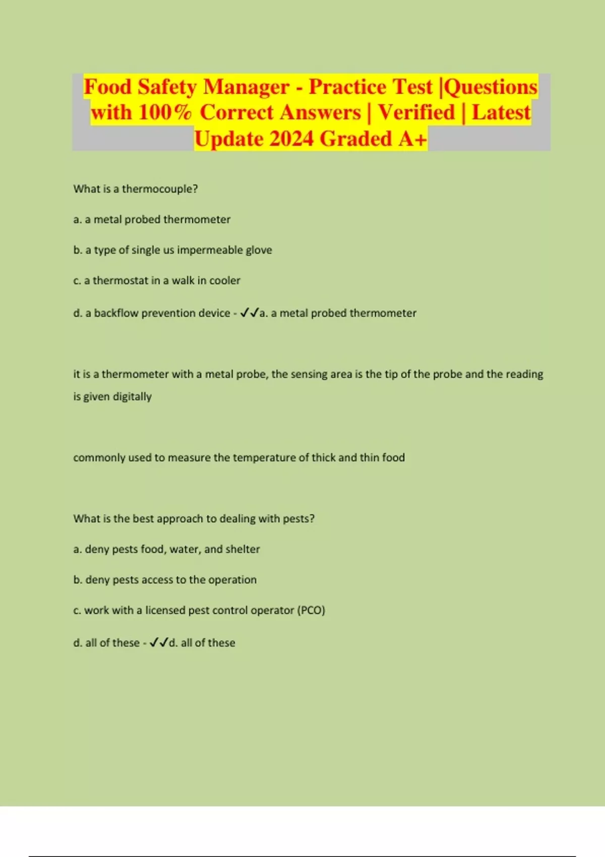 Food Safety Manager - Practice Test |Questions with 100% Correct ...