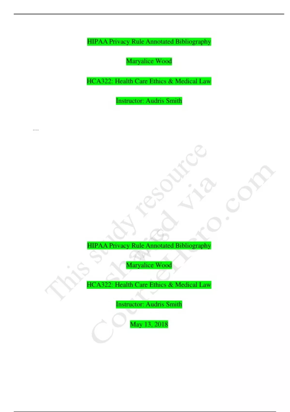 HIPAA Privacy Rule Annotated Bibliography Maryalice Wood HCA322: Health ...