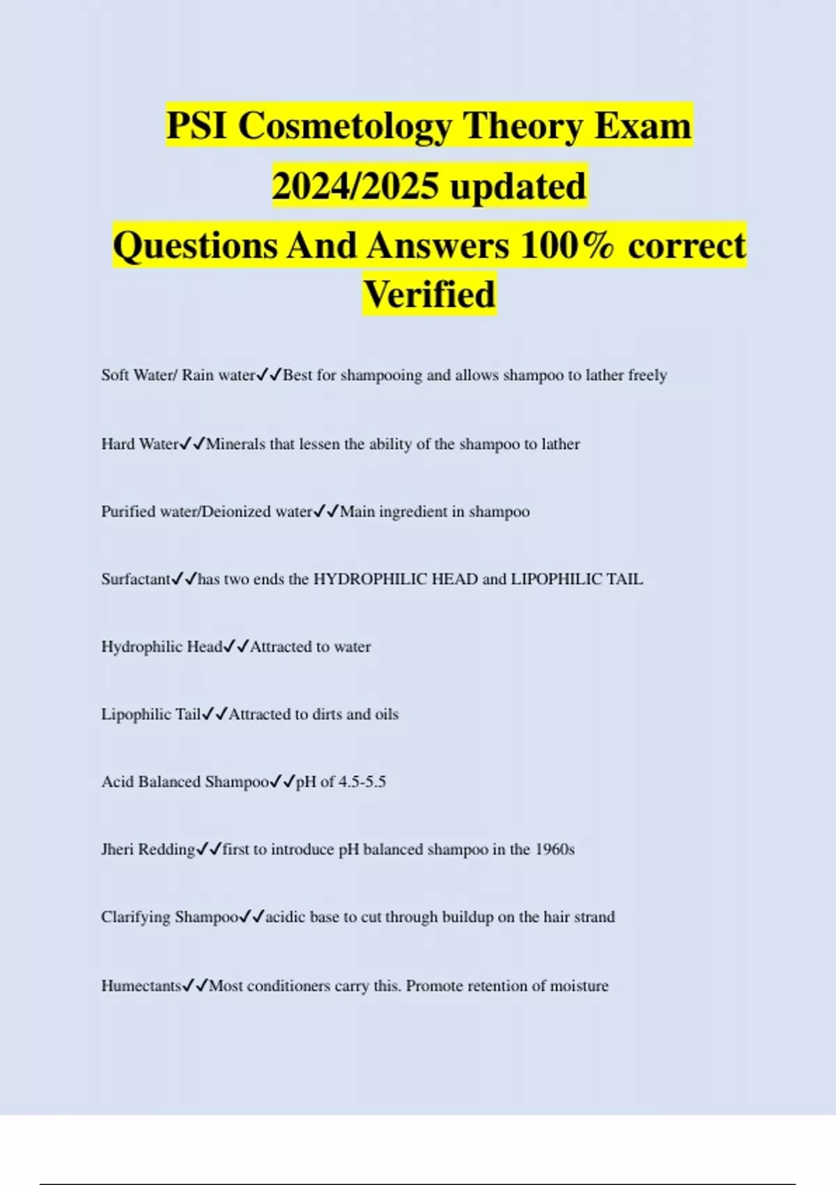 PSI Cosmetology Theory Exam 2024/2025 updated Questions And Answers 100 ...