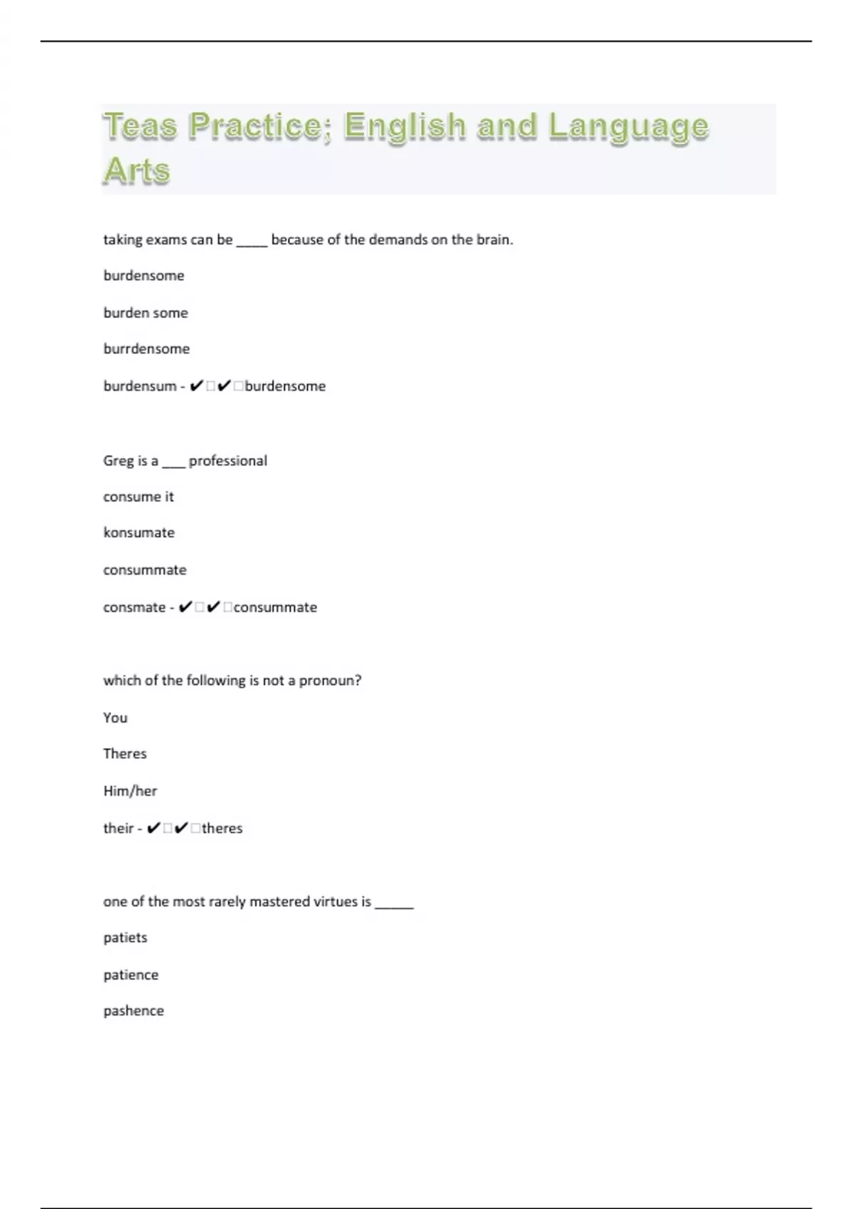 Teas Practice; English and Language Arts|35 Questions with 100% Correct ...