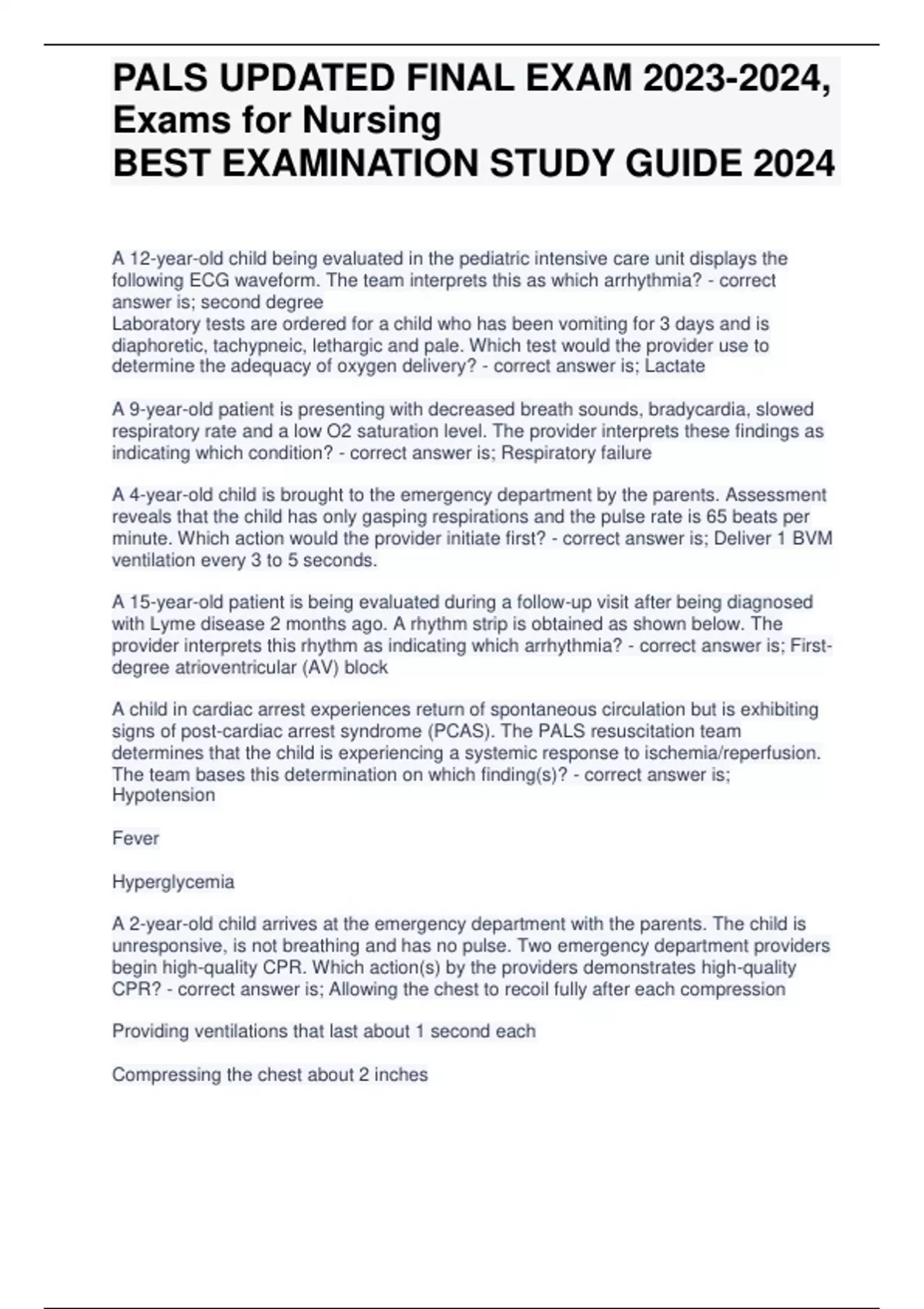 PALS UPDATED FINAL EXAM , Exams for Nursing BEST EXAMINATION STUDY ...