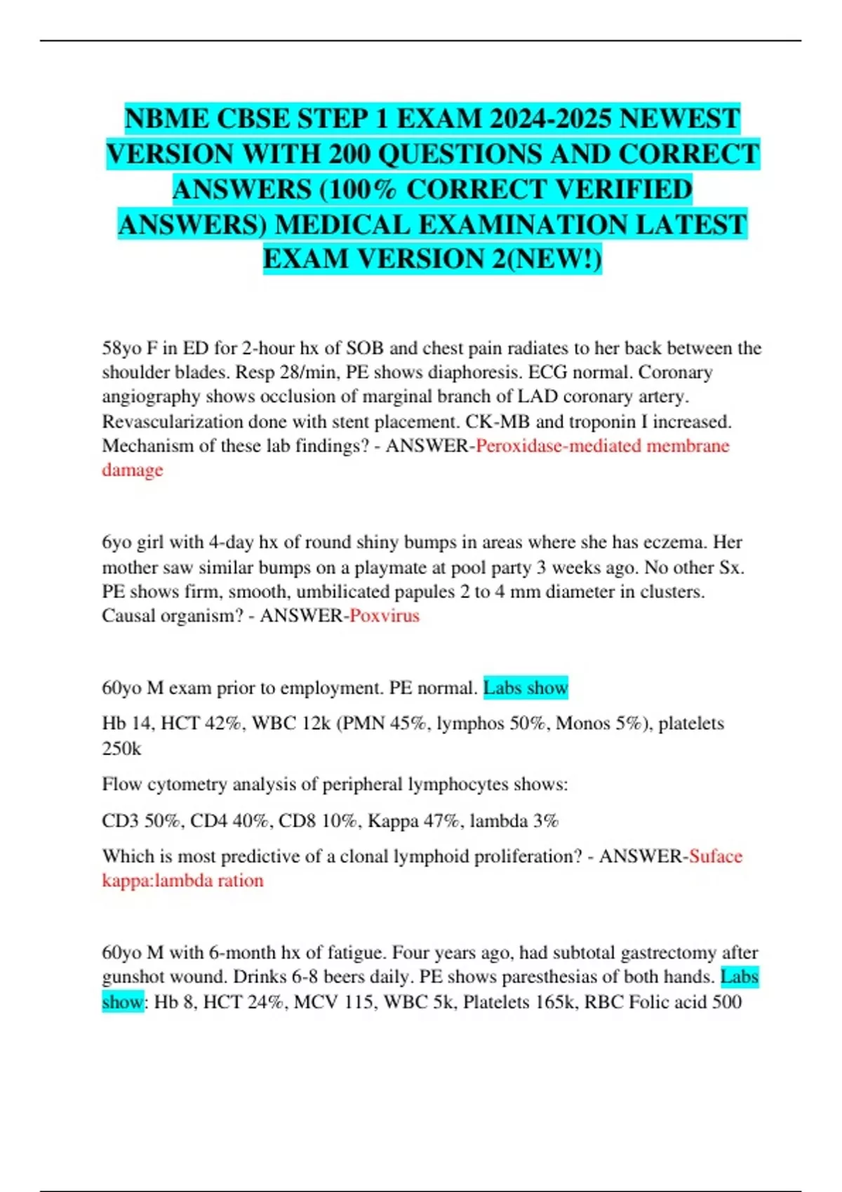 NBME CBSE STEP 1 EXAM NEWEST VERSION WITH 200 QUESTIONS AND CORRECT ...